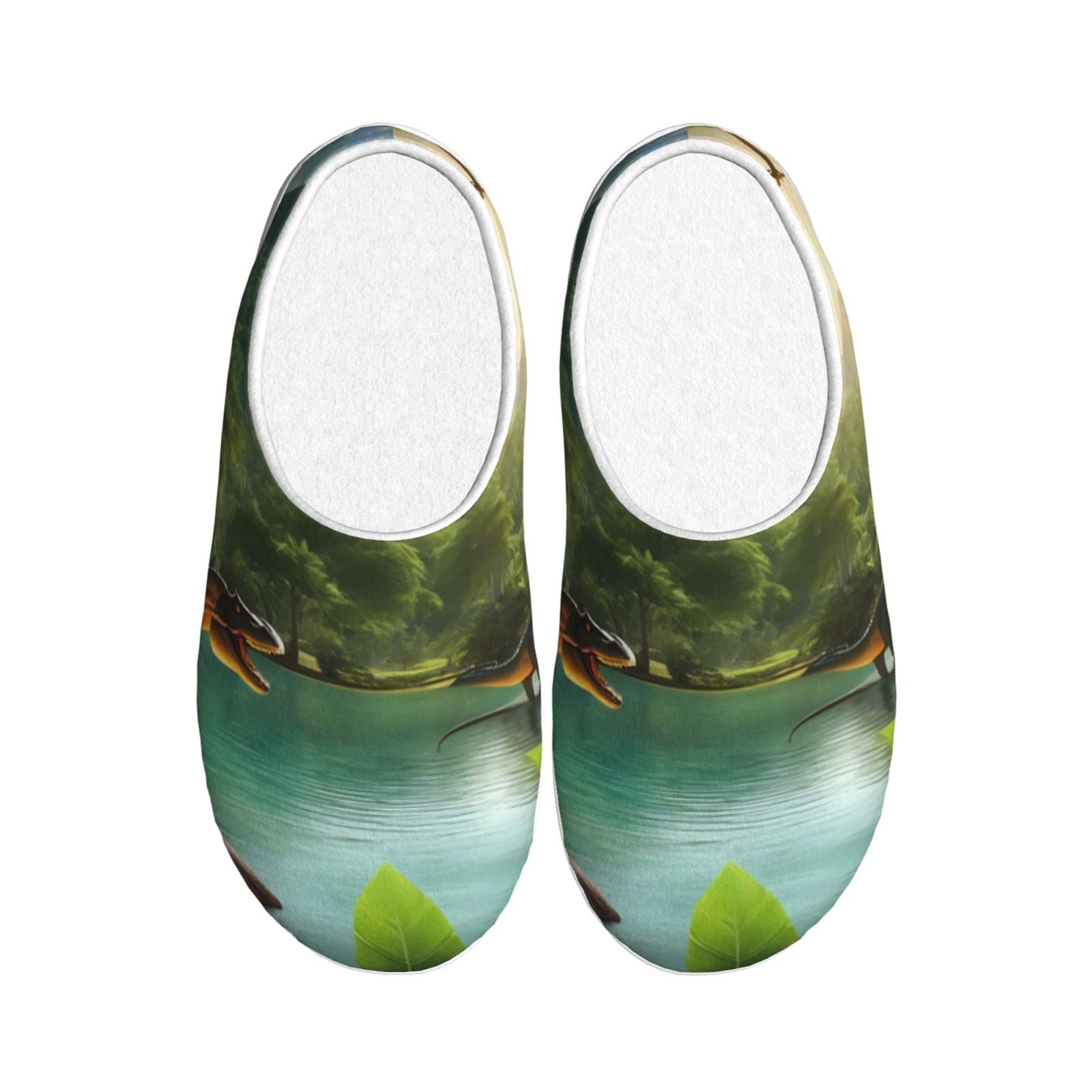 Easygdp Lake Forest Dinosaur Slippers for Women Mens Winter Warm Home ...