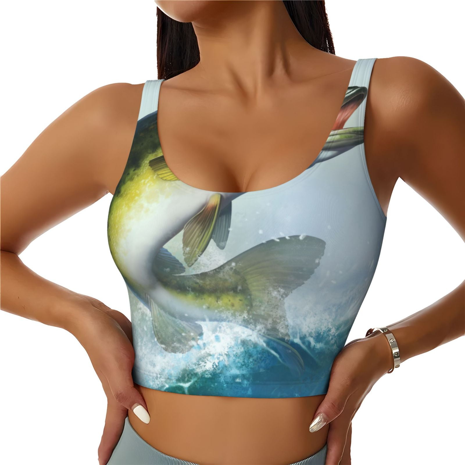 Easygdp Largemouth Bass jumps out of water for Women, High Impact Yoga Exercise Athletic Bras ...