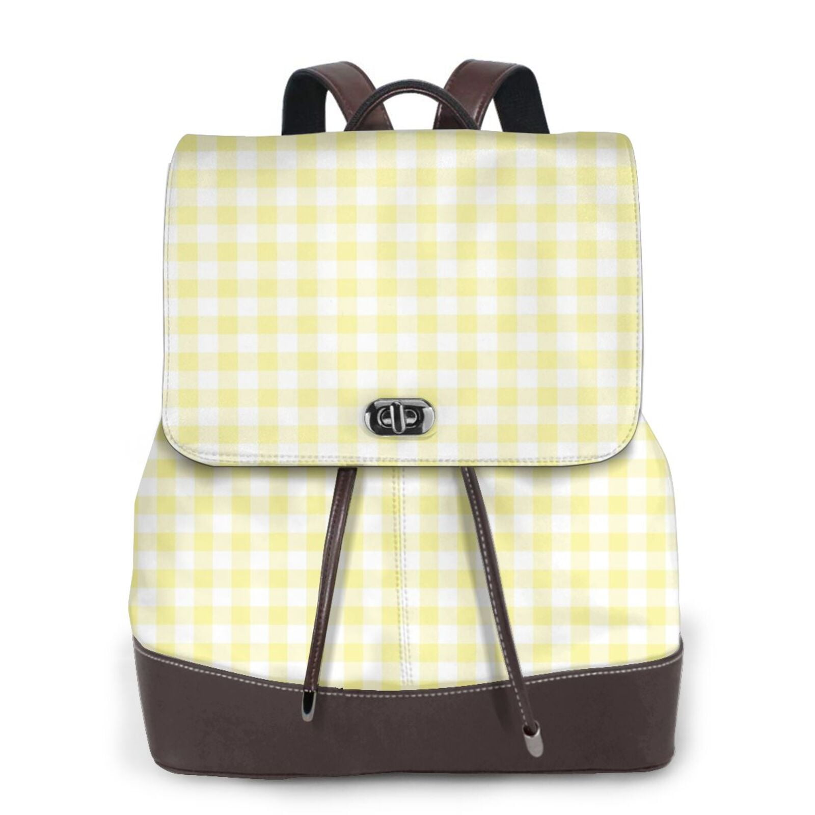 Easygdp Lemon Yellow Checkboard Leather Backpack Purse Ladies Shoulder ...