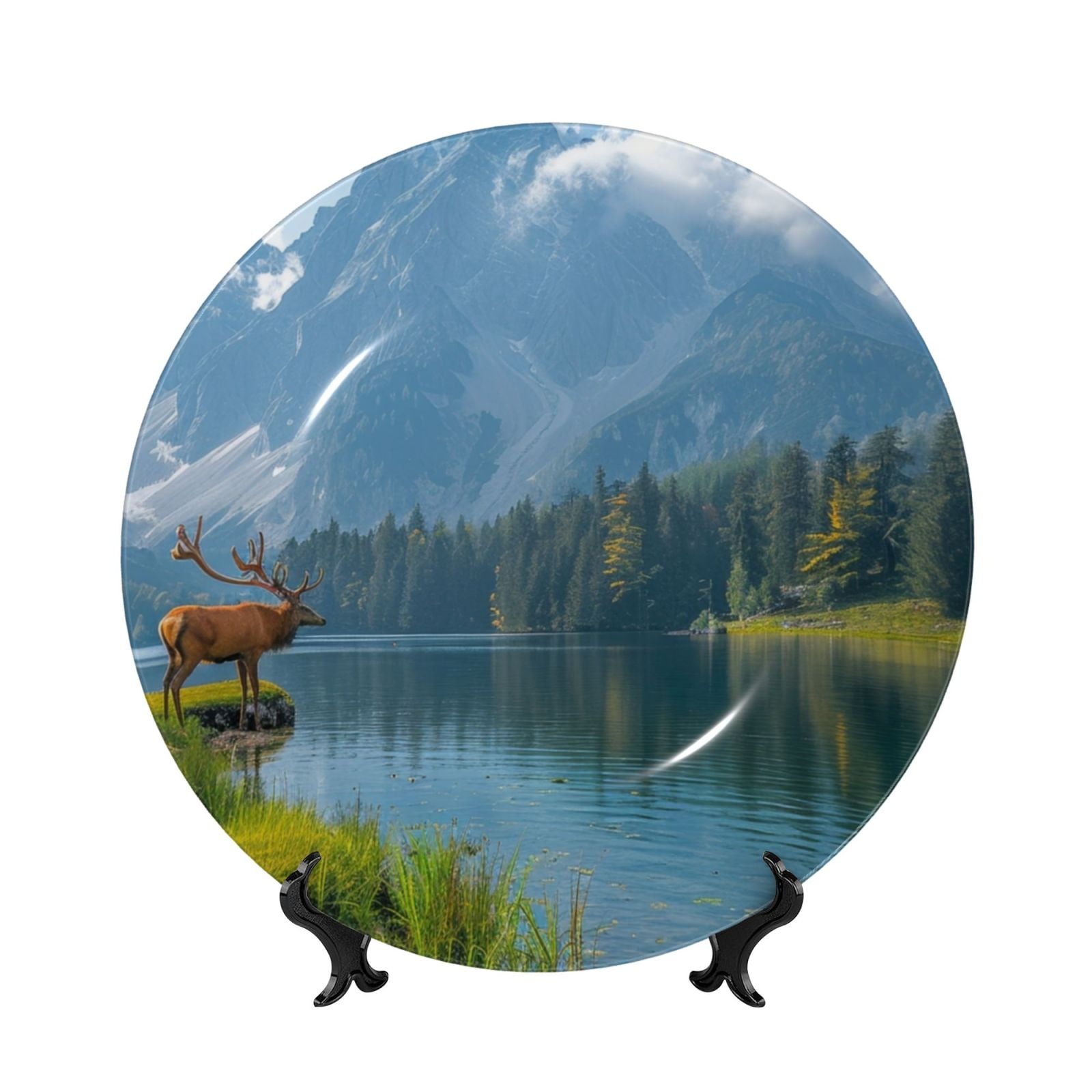 Easygdp Majestic Deer Mountain Lake Bone China Decorative Plate Ceramic ...