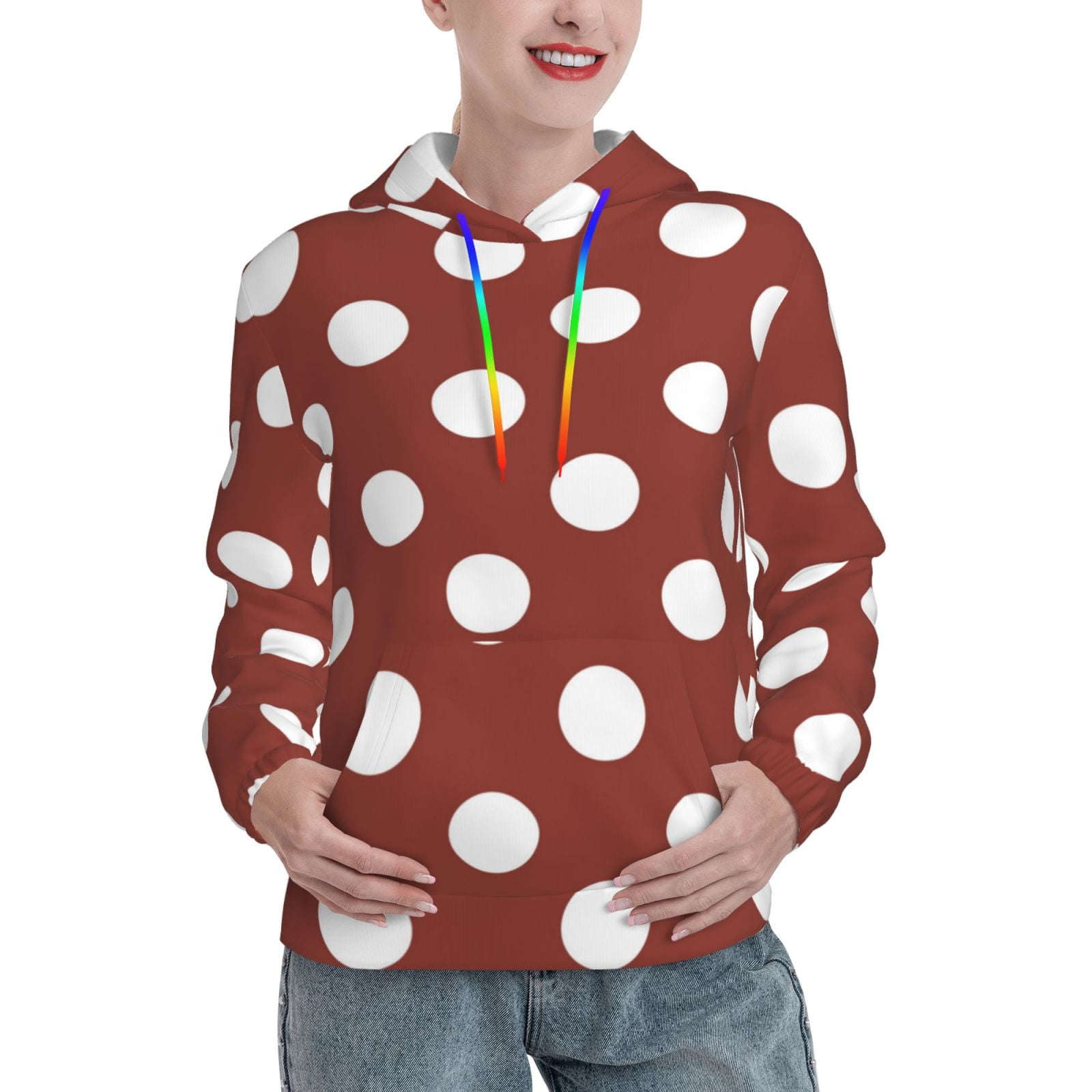 Easygdp Maroon And White Polka Dot Womens Casual Hoodies Sweatshirts Long Sleeve Pullover Fall ...