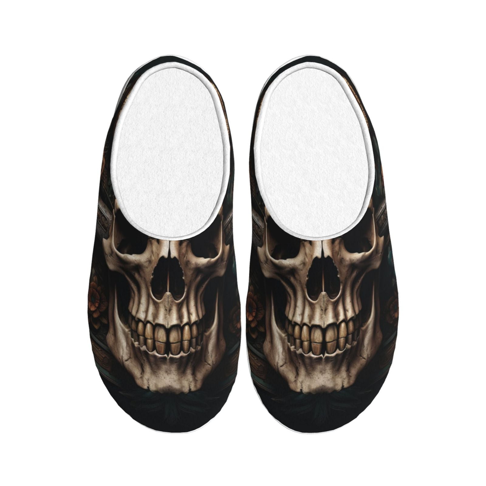 Easygdp Metal Style Horned Skull Slippers for Women Mens Winter Warm ...