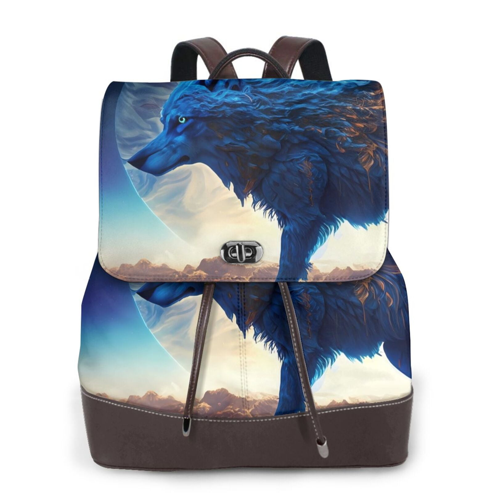 Easygdp Moonlit Blue Wolf Leather Backpack Purse Ladies Shoulder Bag ...
