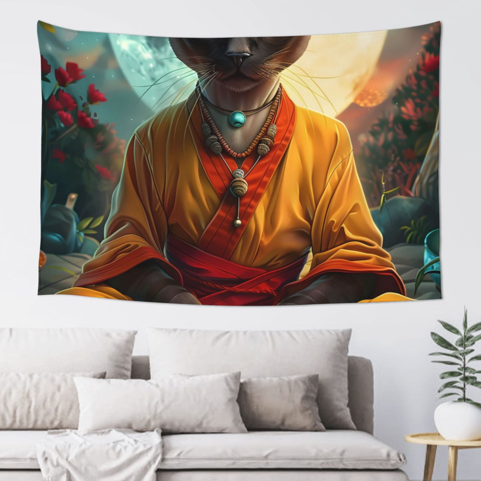 Easygdp Moonlit Hairless Cat Monk Tapestry Wall Hanging, Wall ...