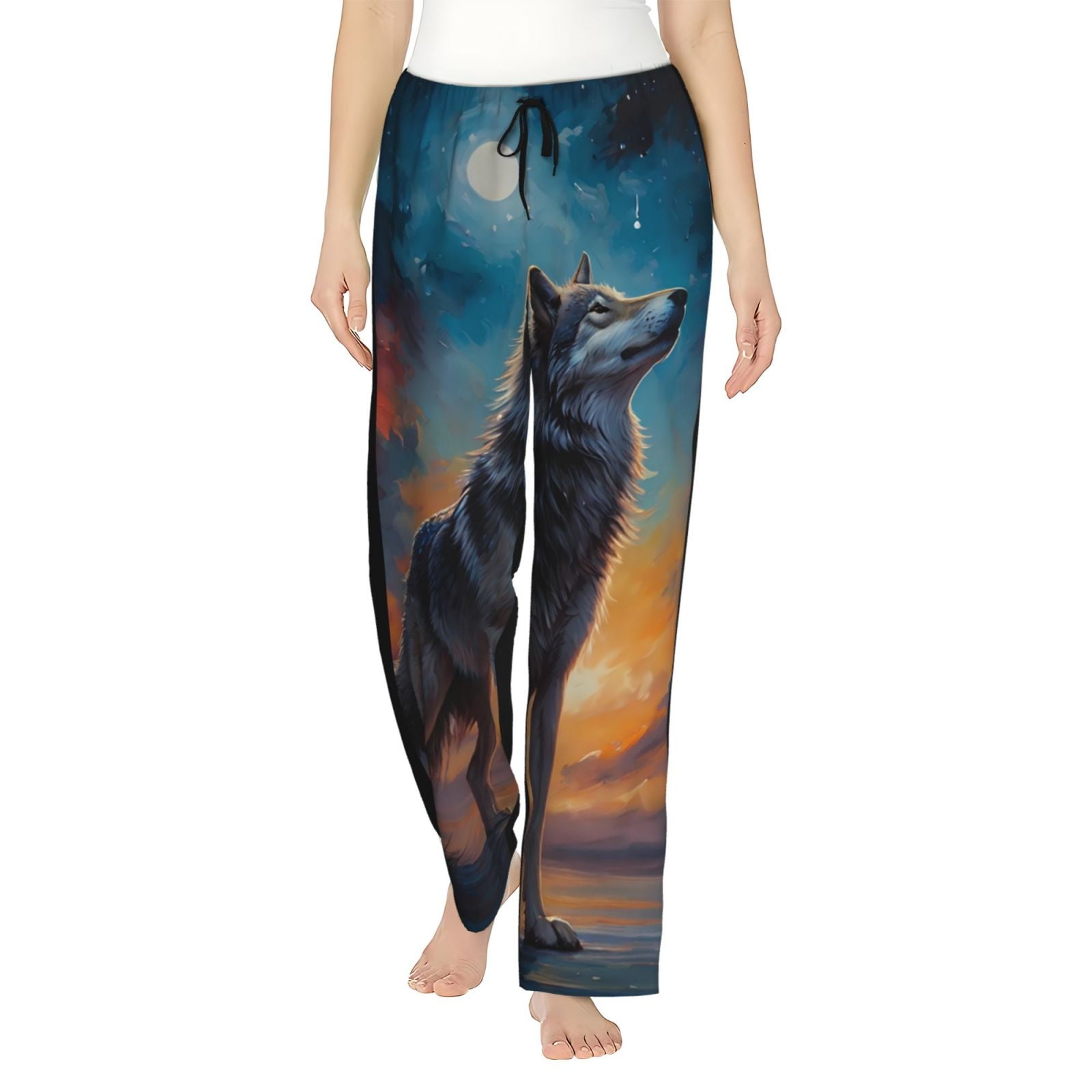 Easygdp Moonlit Night Sky Wolf Women's Drawstring Pajama Pants | Lounge ...