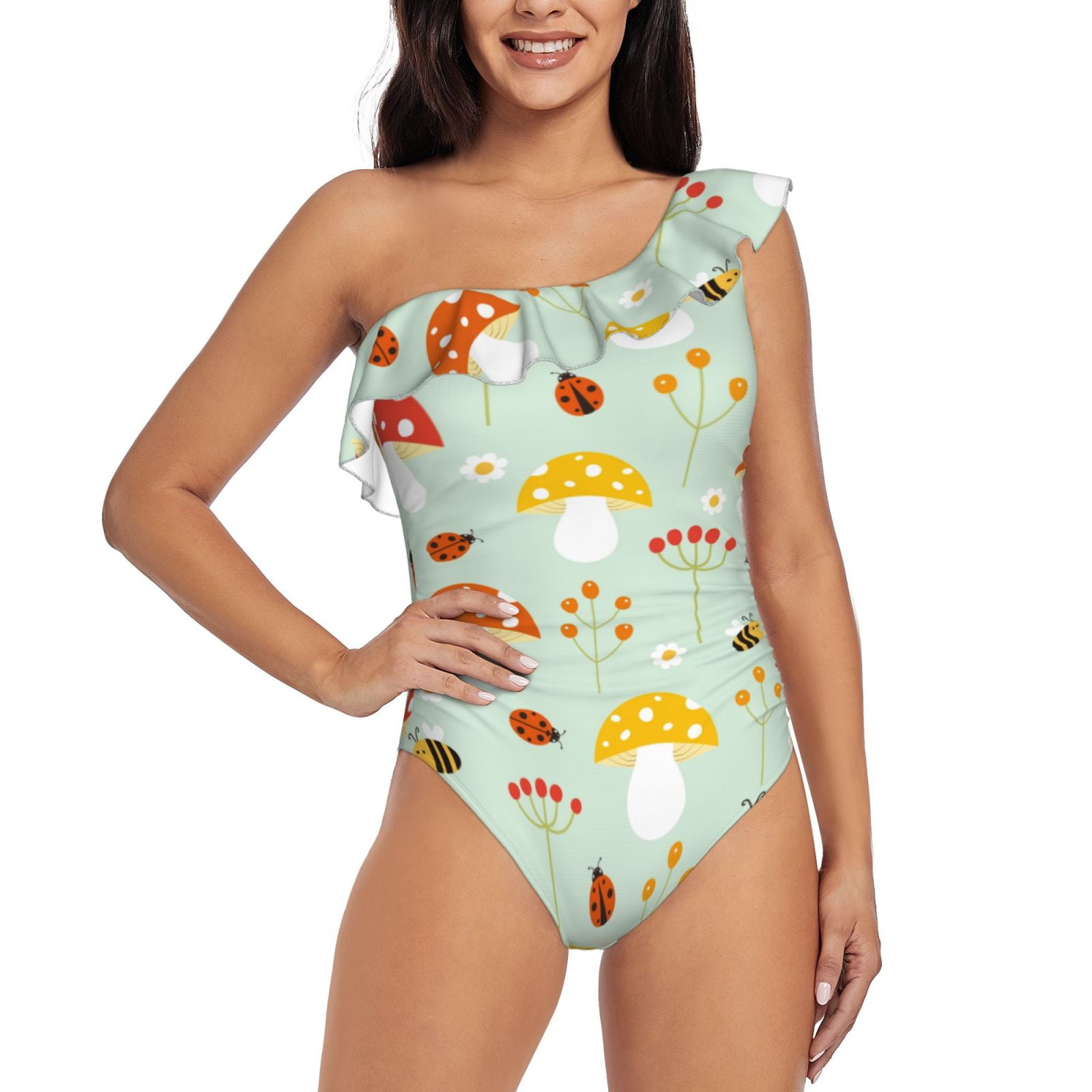 Easygdp Mushroom Bee Womens One Shoulder Ruffle Monokini Bathing Suits