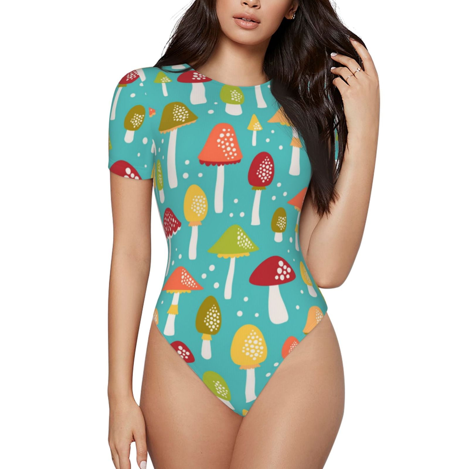 Easygdp Mushrooms Womens One Piece Swimsuit Slim Fit Crew Neck
