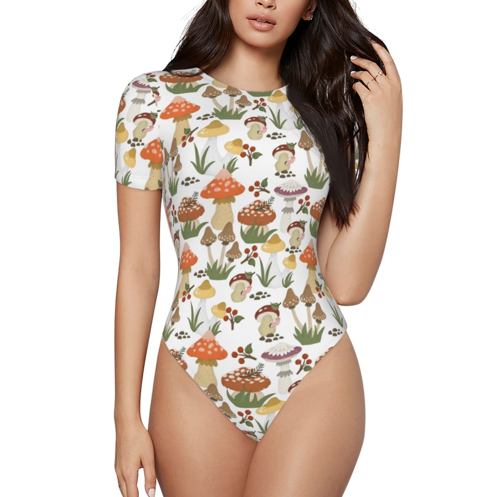 Easygdp Mushrooms Womens One Piece Swimsuit Slim Fit Crew Neck