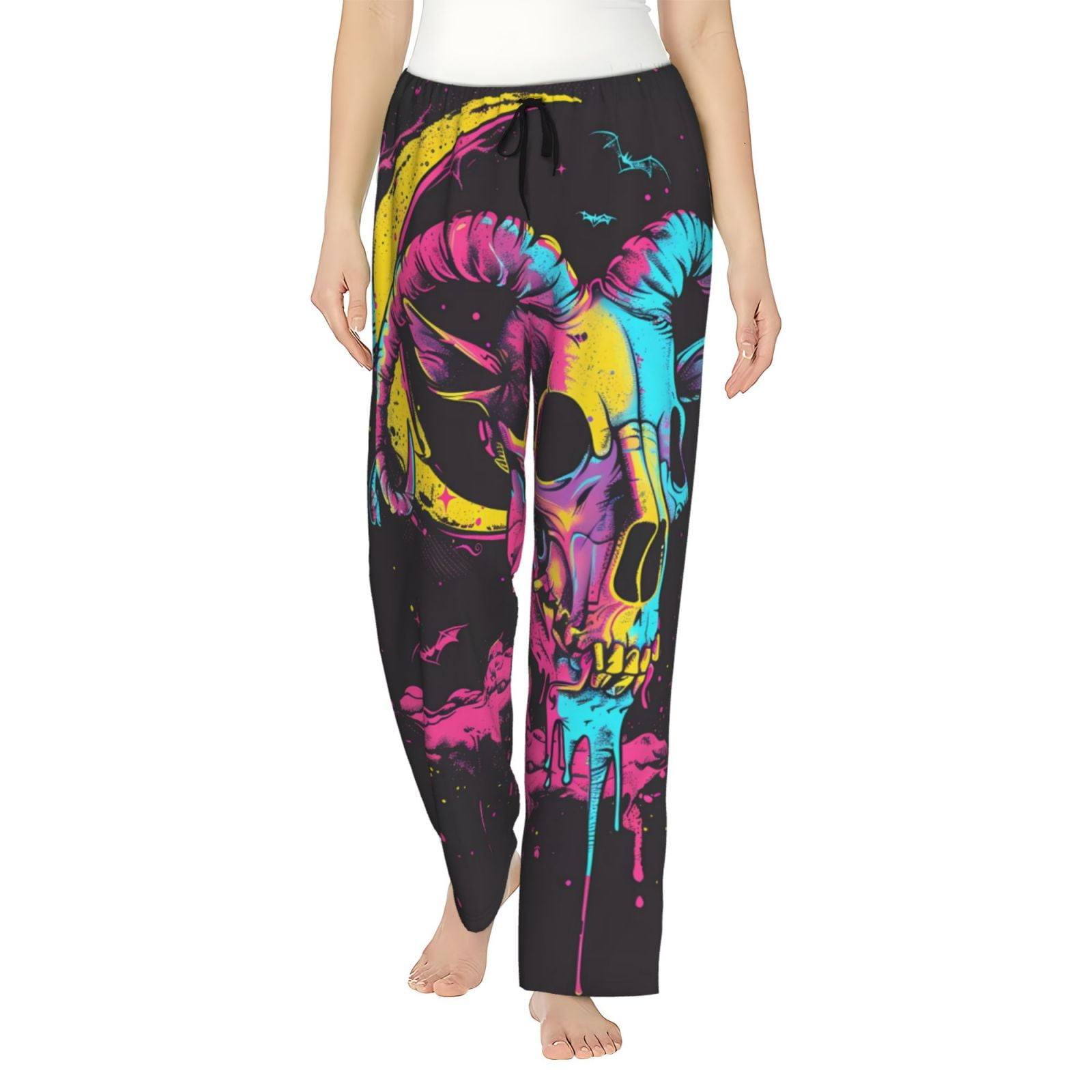 Easygdp Neon Gothic Skull Moon Women's Drawstring Pajama Pants | Lounge ...