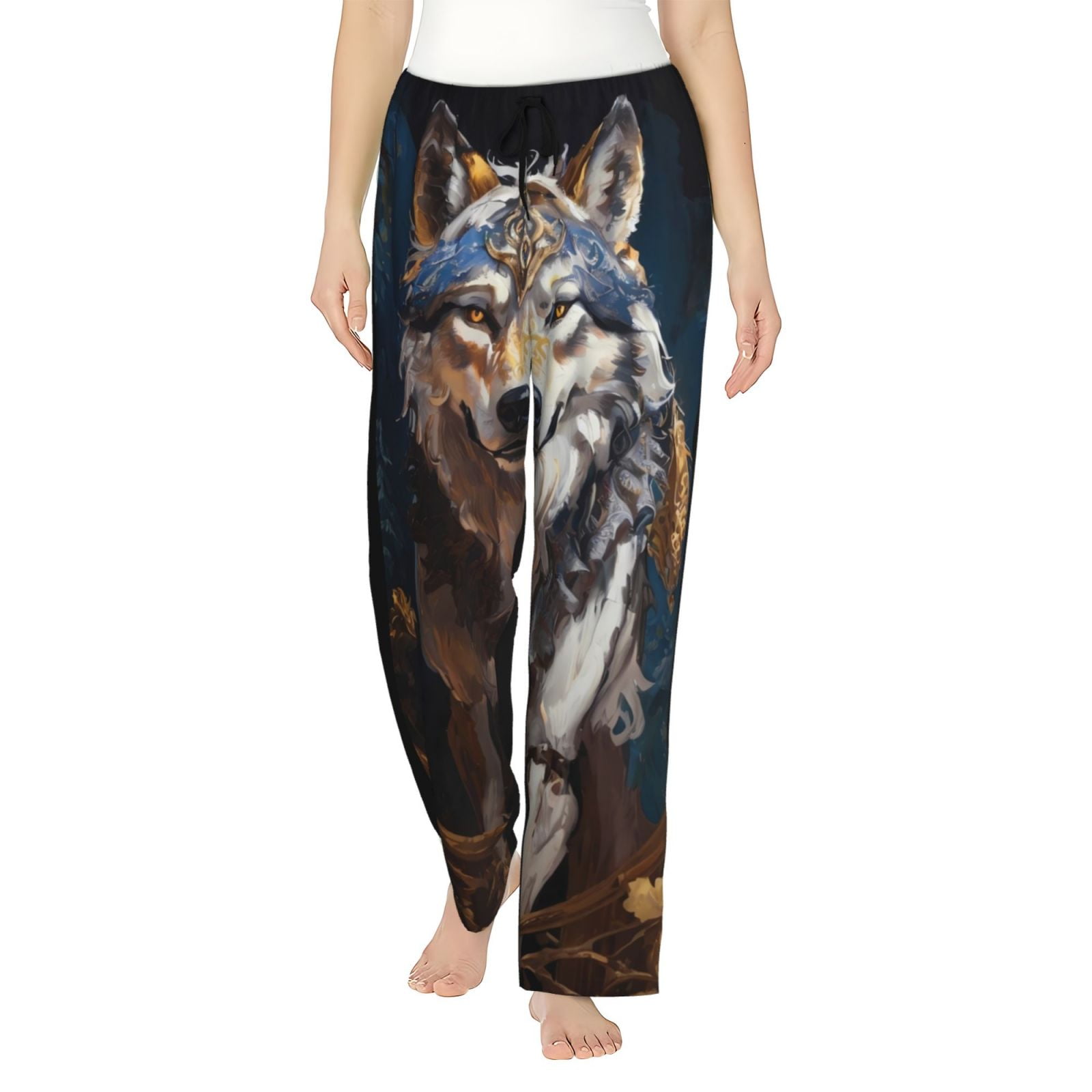 Easygdp Oil Painting Tribal Wolf Women's Drawstring Pajama Pants ...
