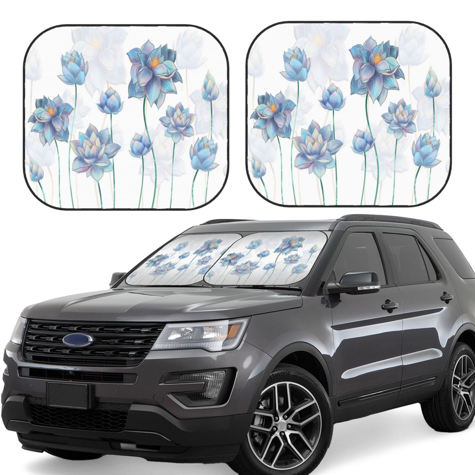 Easygdp Pale Blue Lotus Flowers 2 PCS Foldable Car Sun Shade Front ...