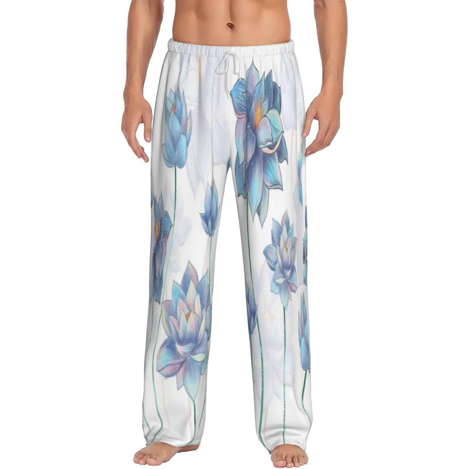 Easygdp Pale Blue Lotus Flowers Men's Pajama Pant, Sleep Elastic ...