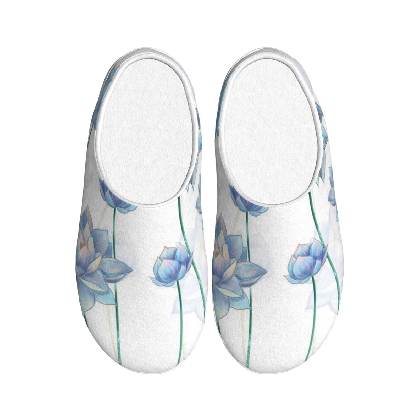 Easygdp Pale Blue Lotus Flowers Slippers for Women Mens Winter Warm ...
