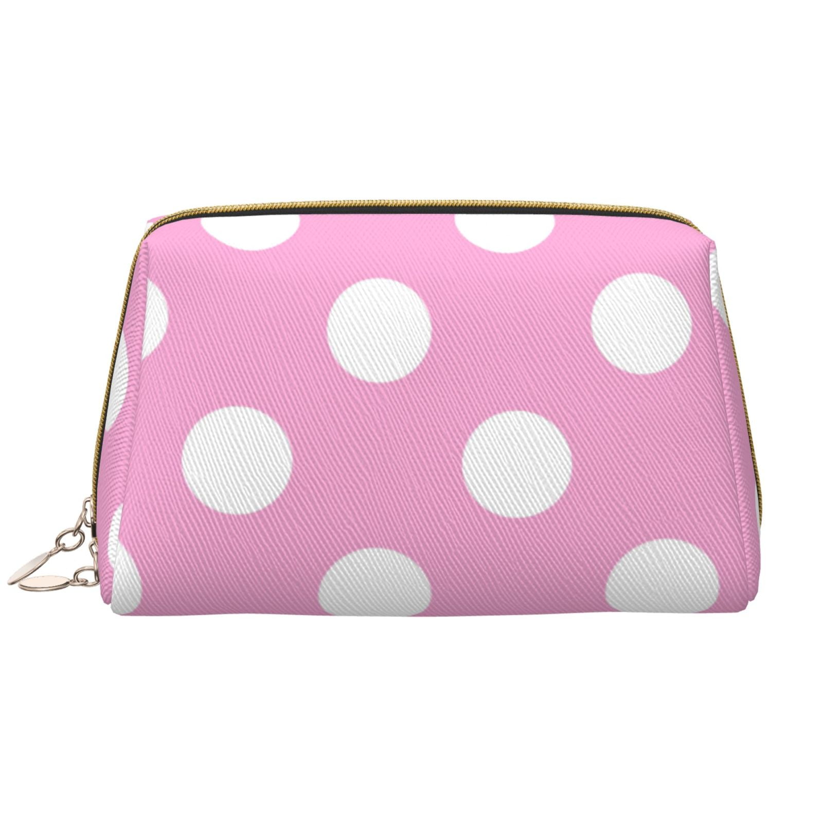 Easygdp Pink And White Polka Dot Leather Makeup Bag Zipper Pouch Travel ...