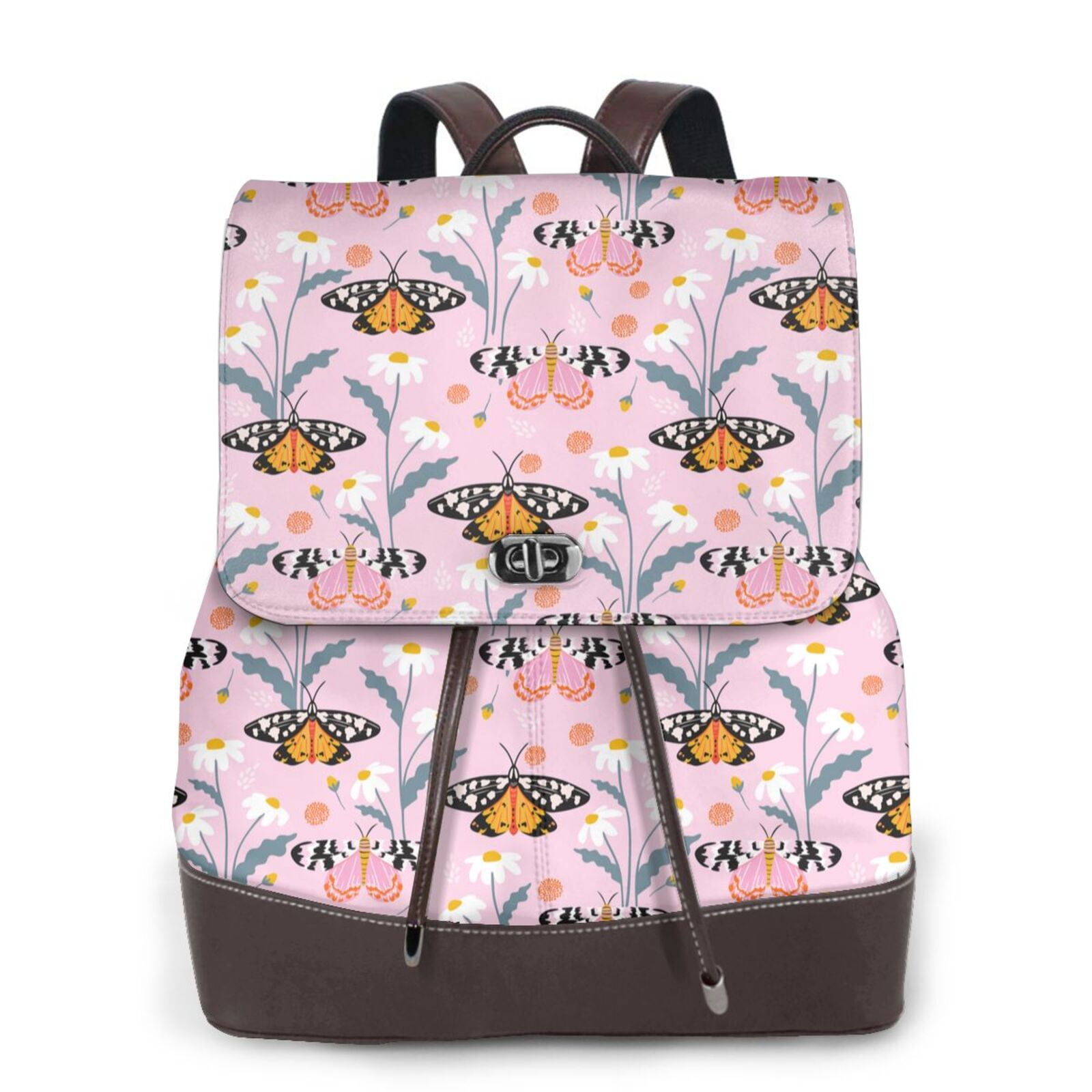 Easygdp Pink Butterfly Daisy Leather Backpack Purse Ladies Shoulder Bag ...
