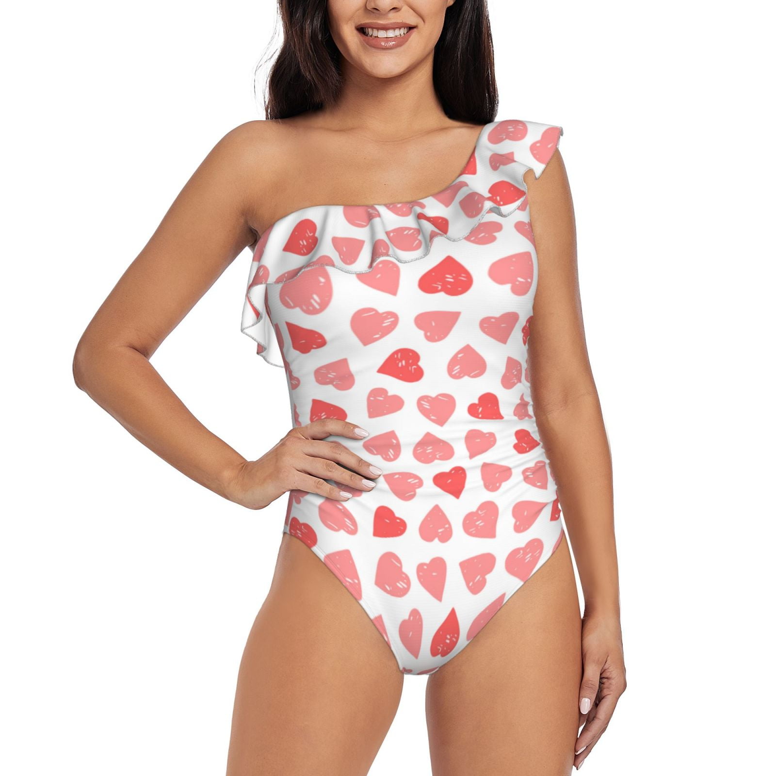 Easygdp Pink Hearts1 Womens One Shoulder Ruffle Monokini Bathing Suits