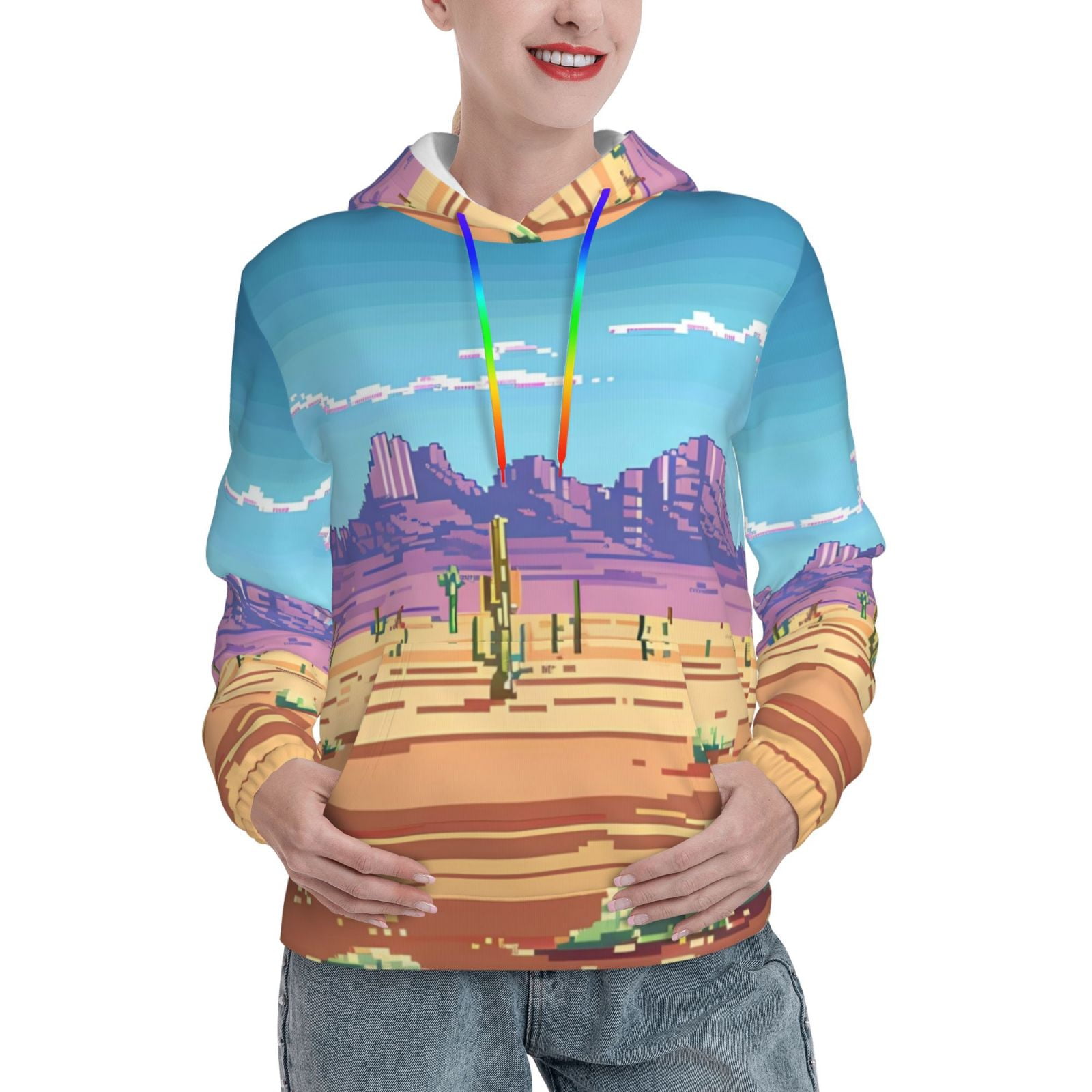 Easygdp Pixel Desert Landscape Womens Casual Hoodies Sweatshirts Long Sleeve Pullover Fall ...