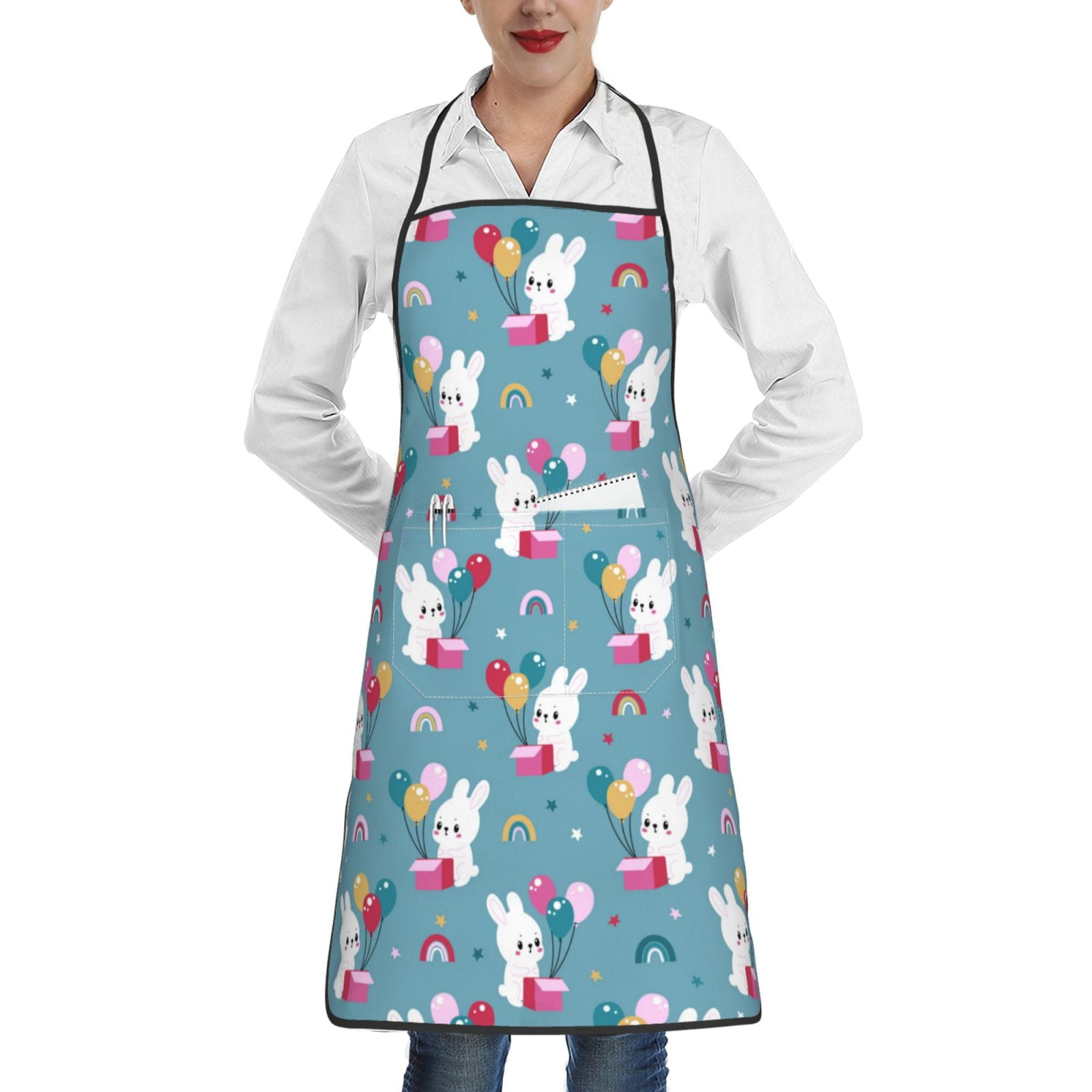 Easygdp Rabbit And Rainbow Apron Waterdrop Resistant with 2 Pockets,Oil ...