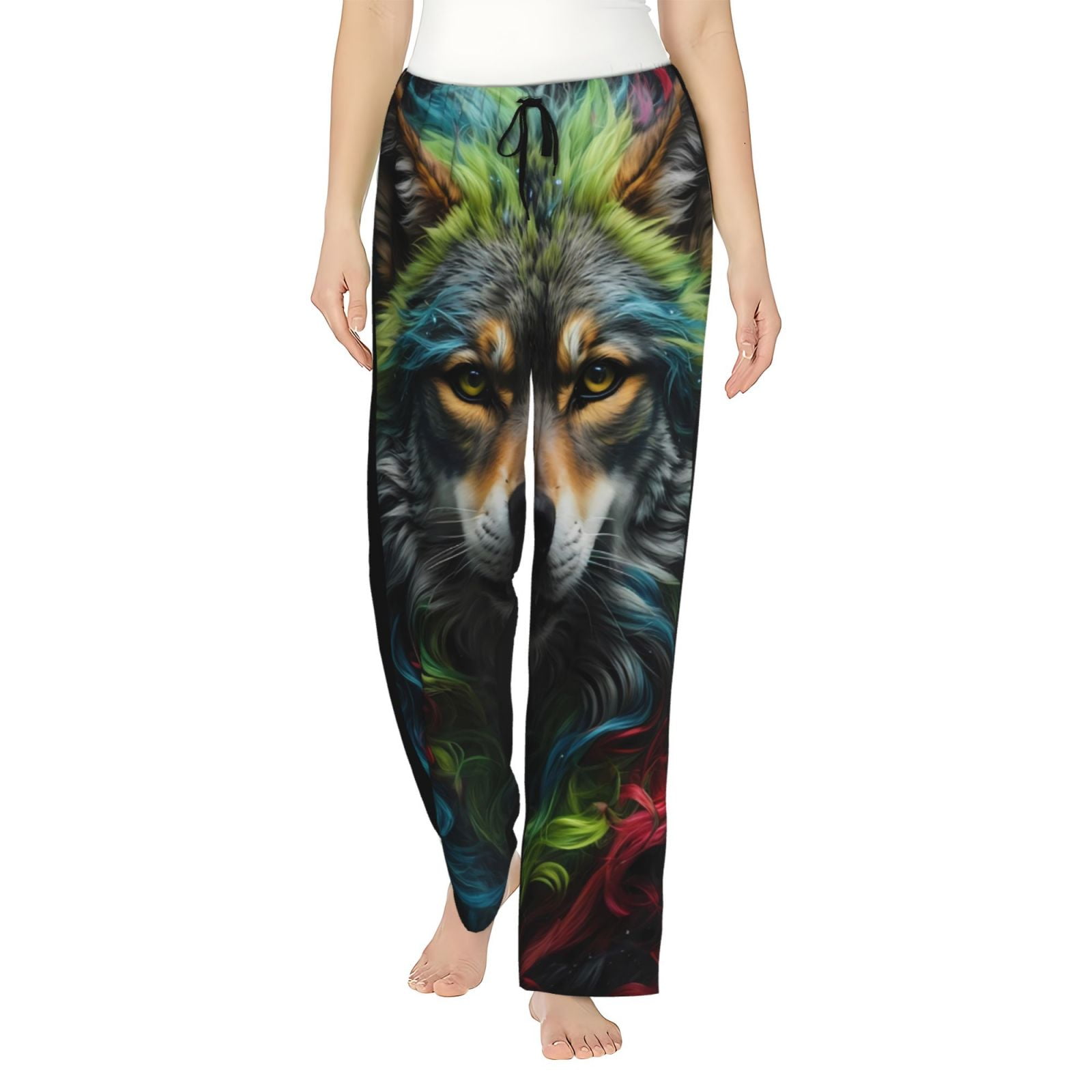 Easygdp Realistic Style Colorful Wolf Women's Drawstring Pajama Pants ...