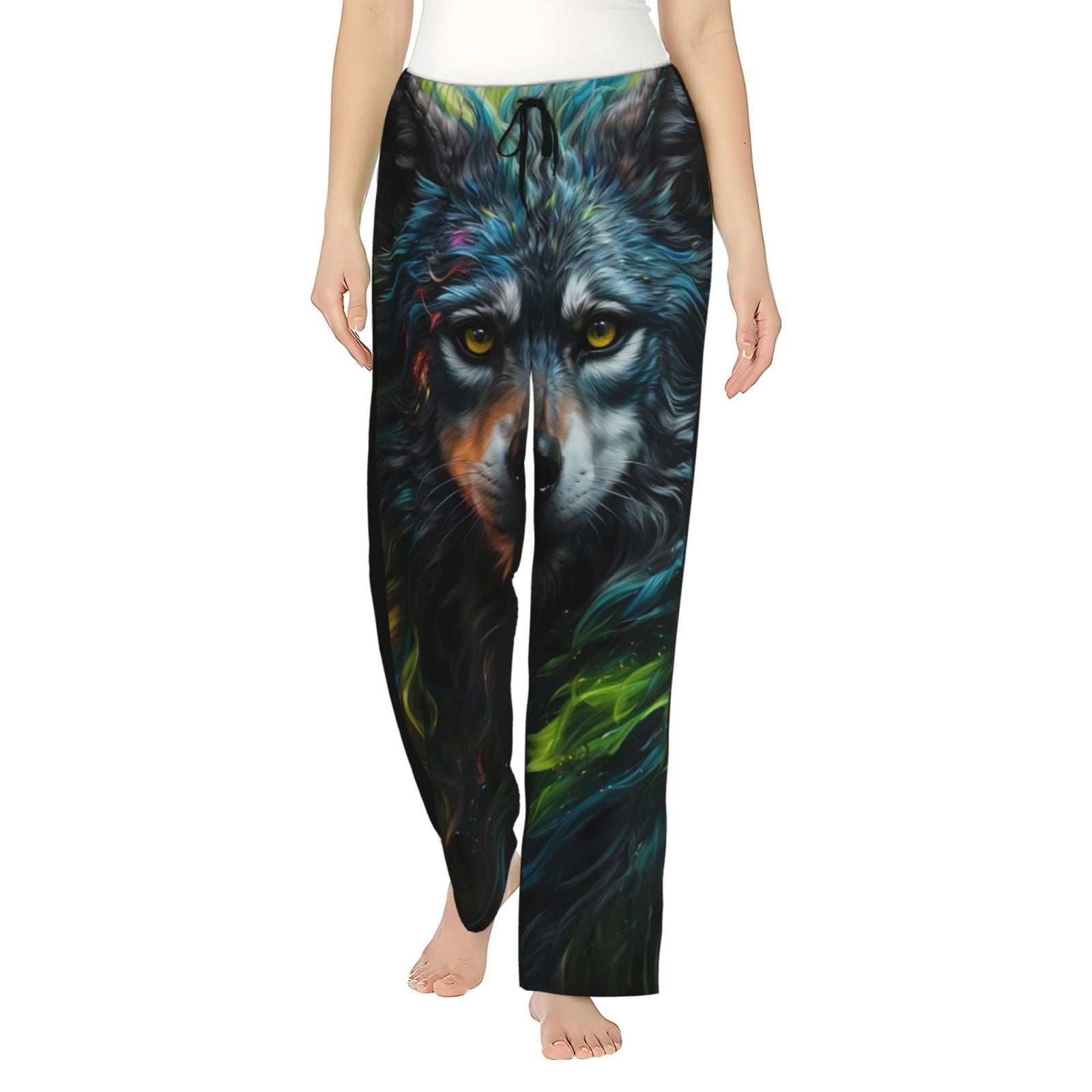 Easygdp Realistic Style Green Fur Wolf Women's Drawstring Pajama Pants ...