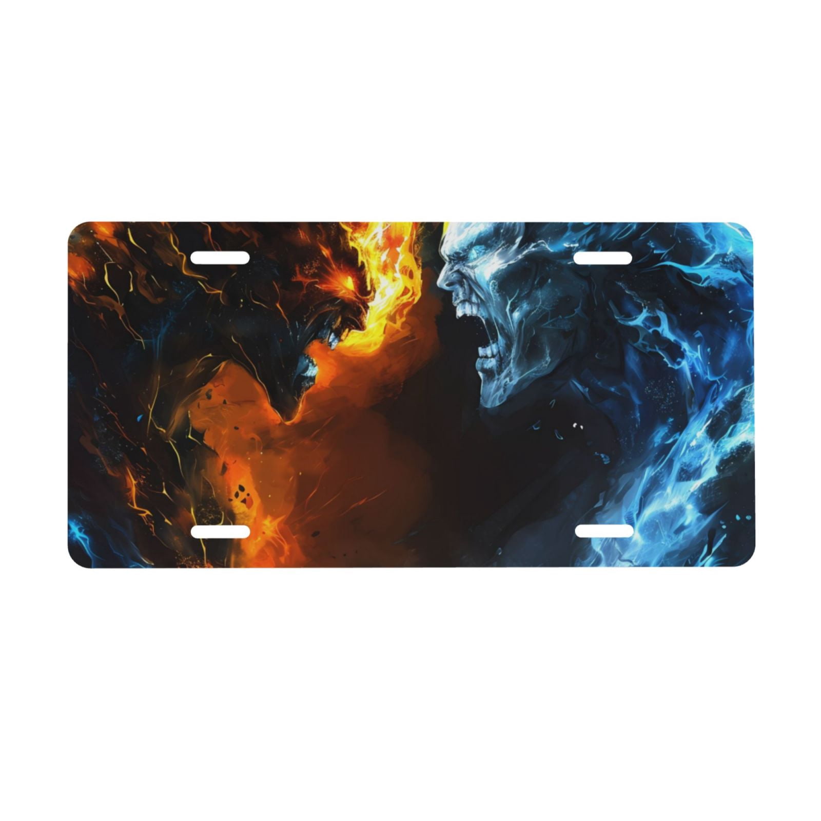 Easygdp Red And Blue Fire Skull Warrior License Plate Car Front License ...