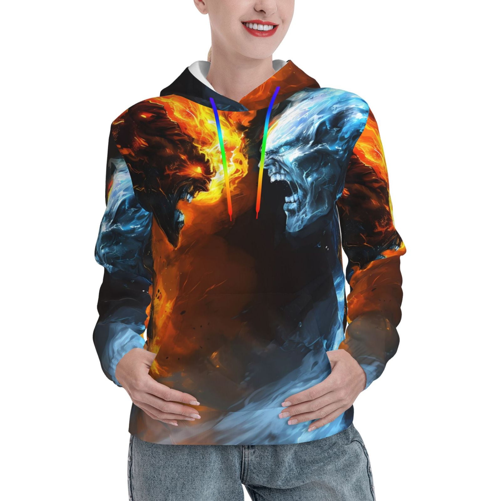 Easygdp Red And Blue Fire Skull Warrior Womens Casual Hoodies Sweatshirts Long Sleeve Pullover ...