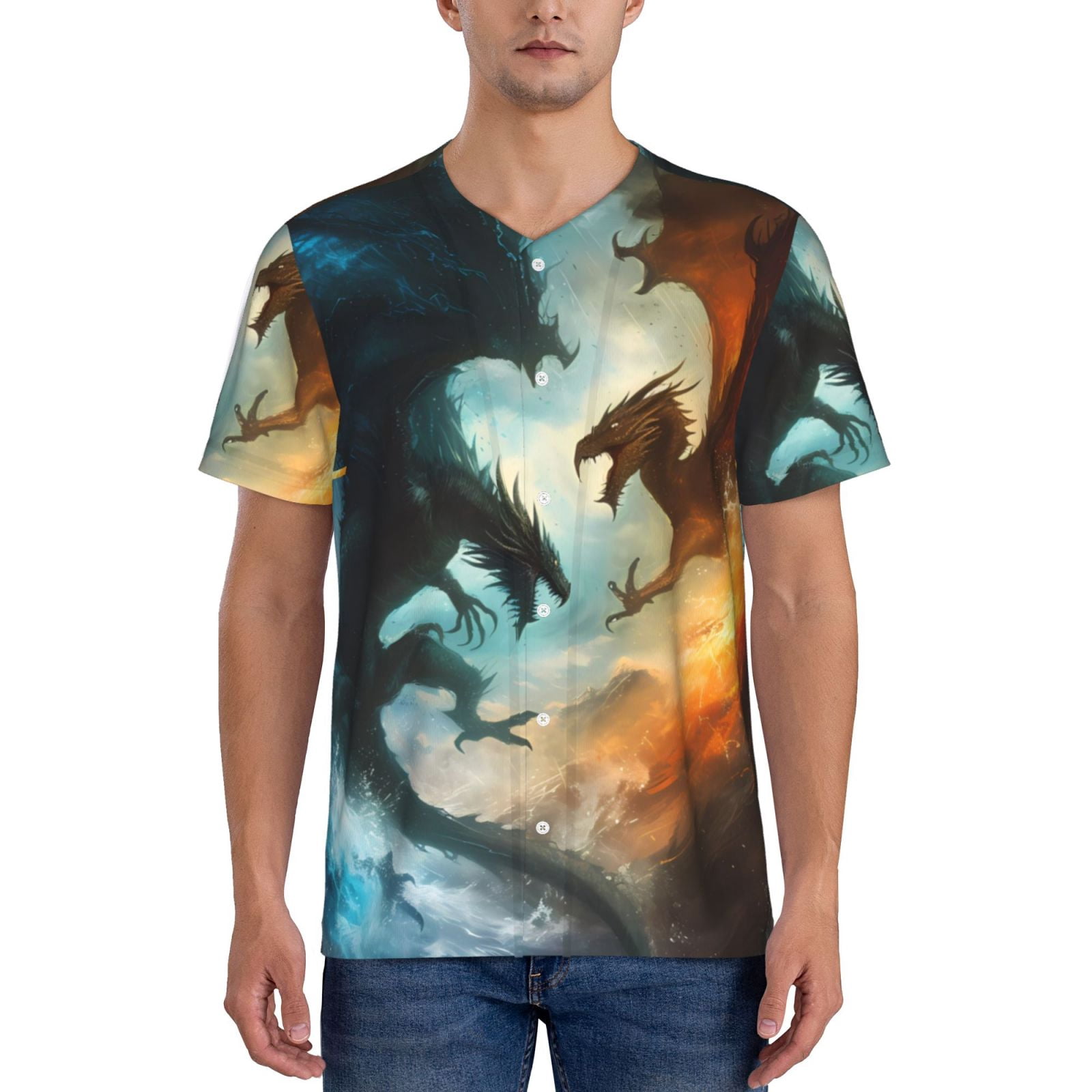 Easygdp Red And Blue Flame Wave Dragon Mens T-Shirts Baseball Vintage ...
