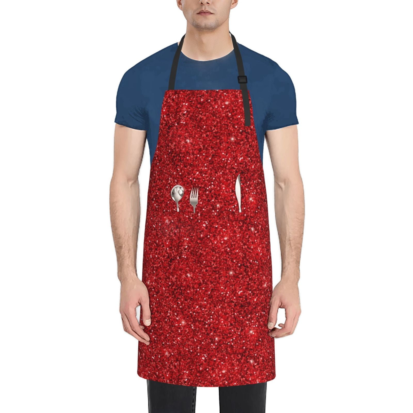 Easygdp Red Glitter Waterproof Apron with Pockets Adjustable Cooking ...