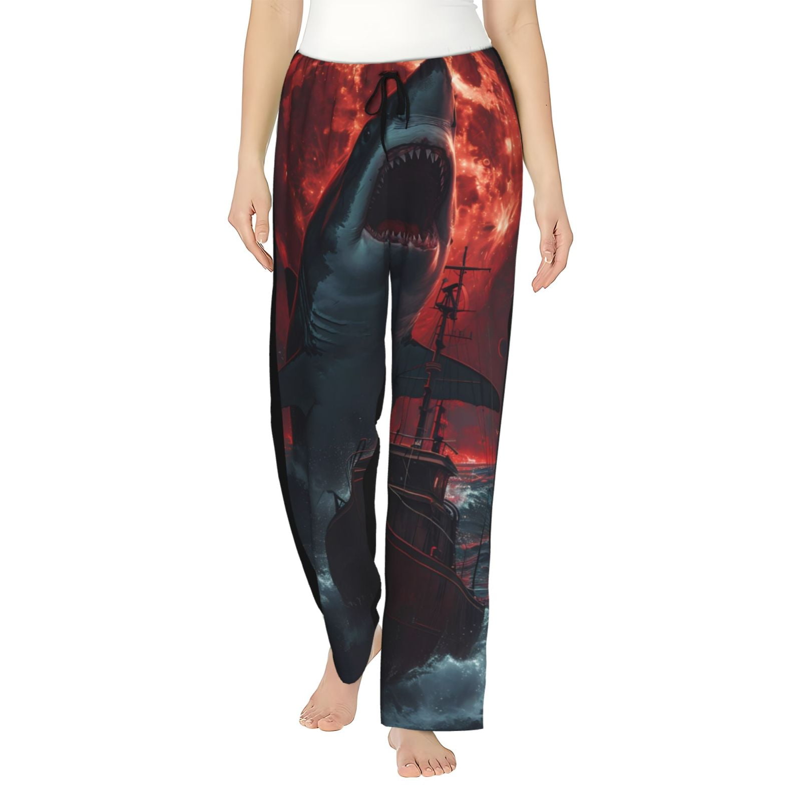 Easygdp Red Moon Shark Sailboat Women's Drawstring Pajama Pants ...