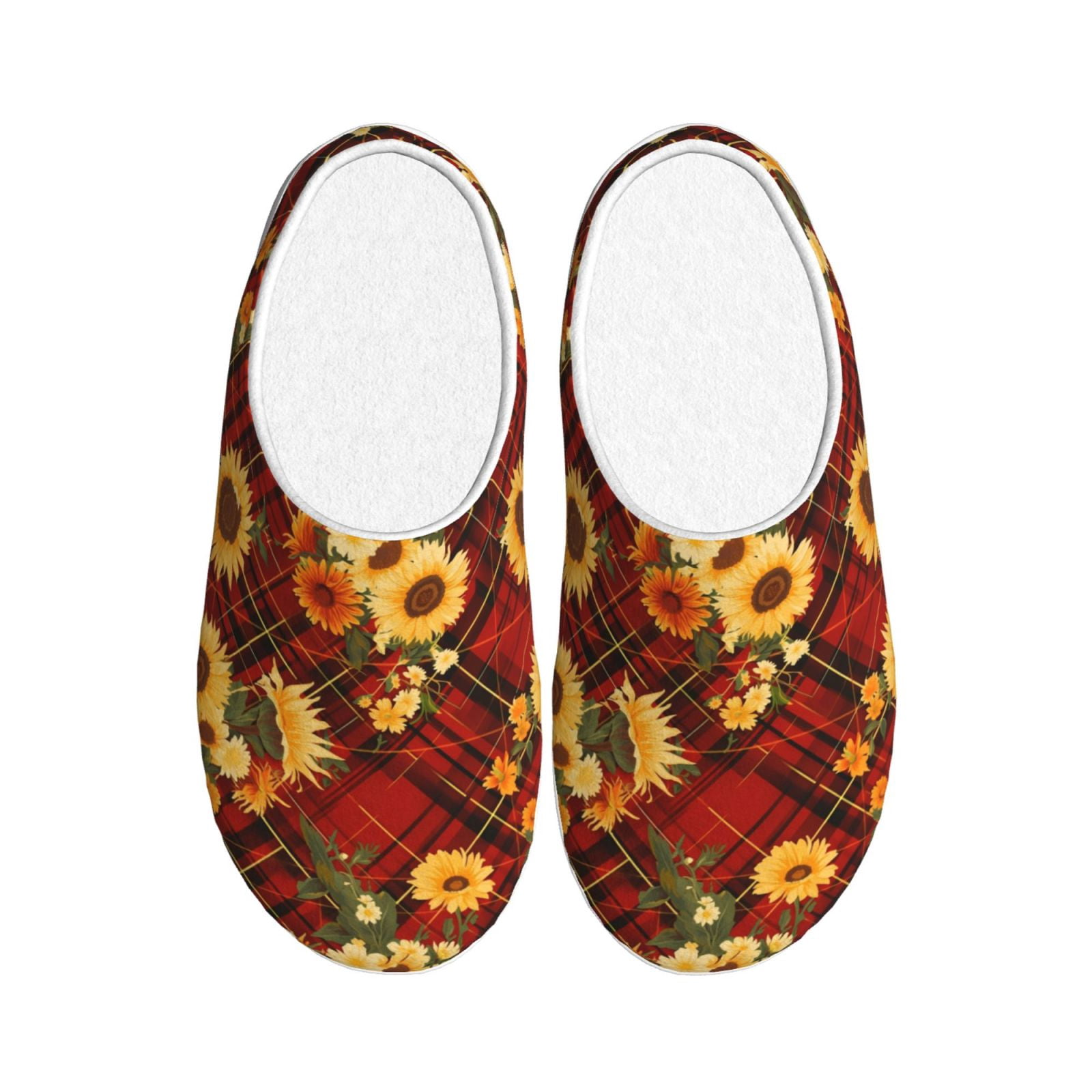Easygdp Red Plaid Sunflower Slippers for Women Mens Winter Warm Home ...
