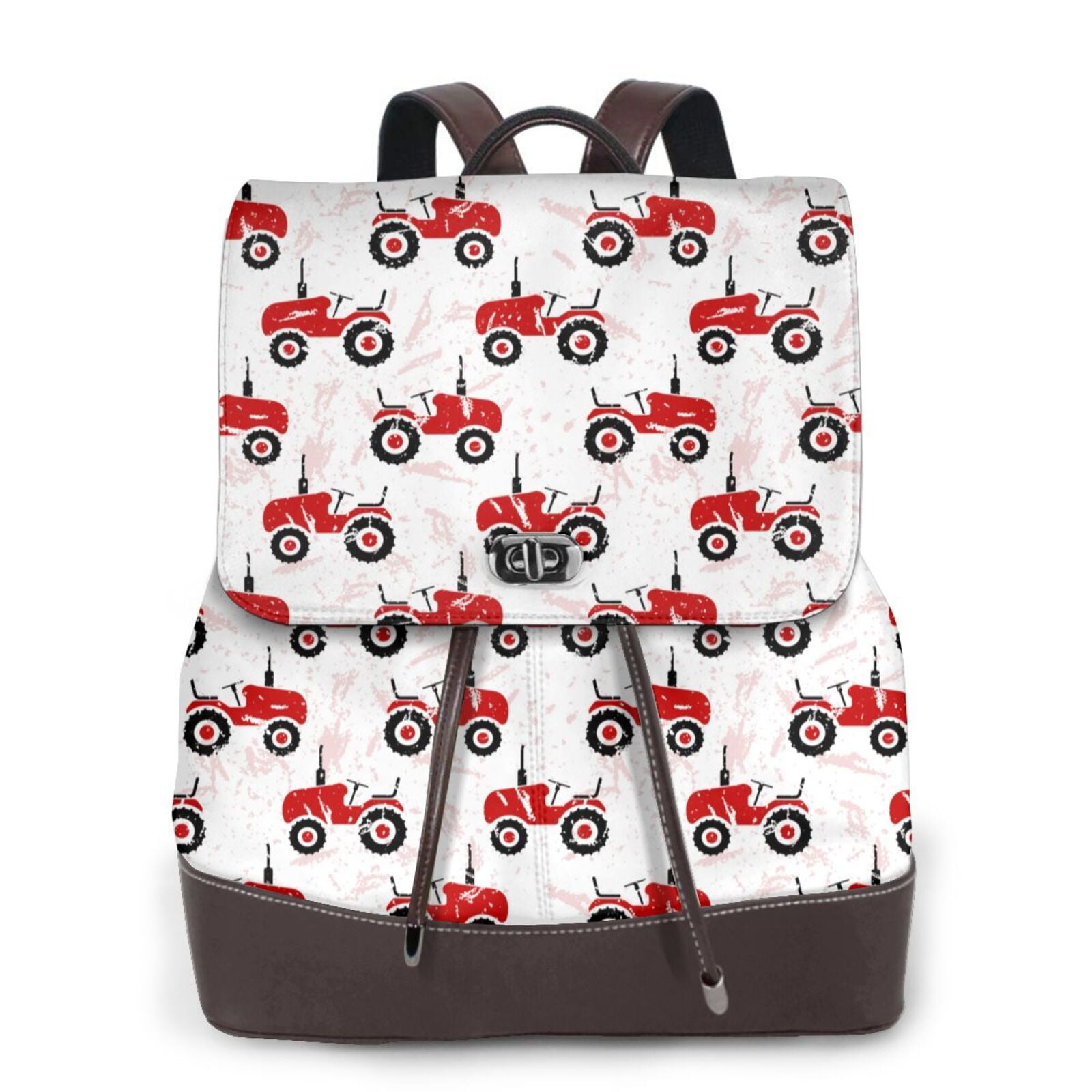 Easygdp Red Wheeled Tractors Leather Backpack Purse Ladies Shoulder Bag ...