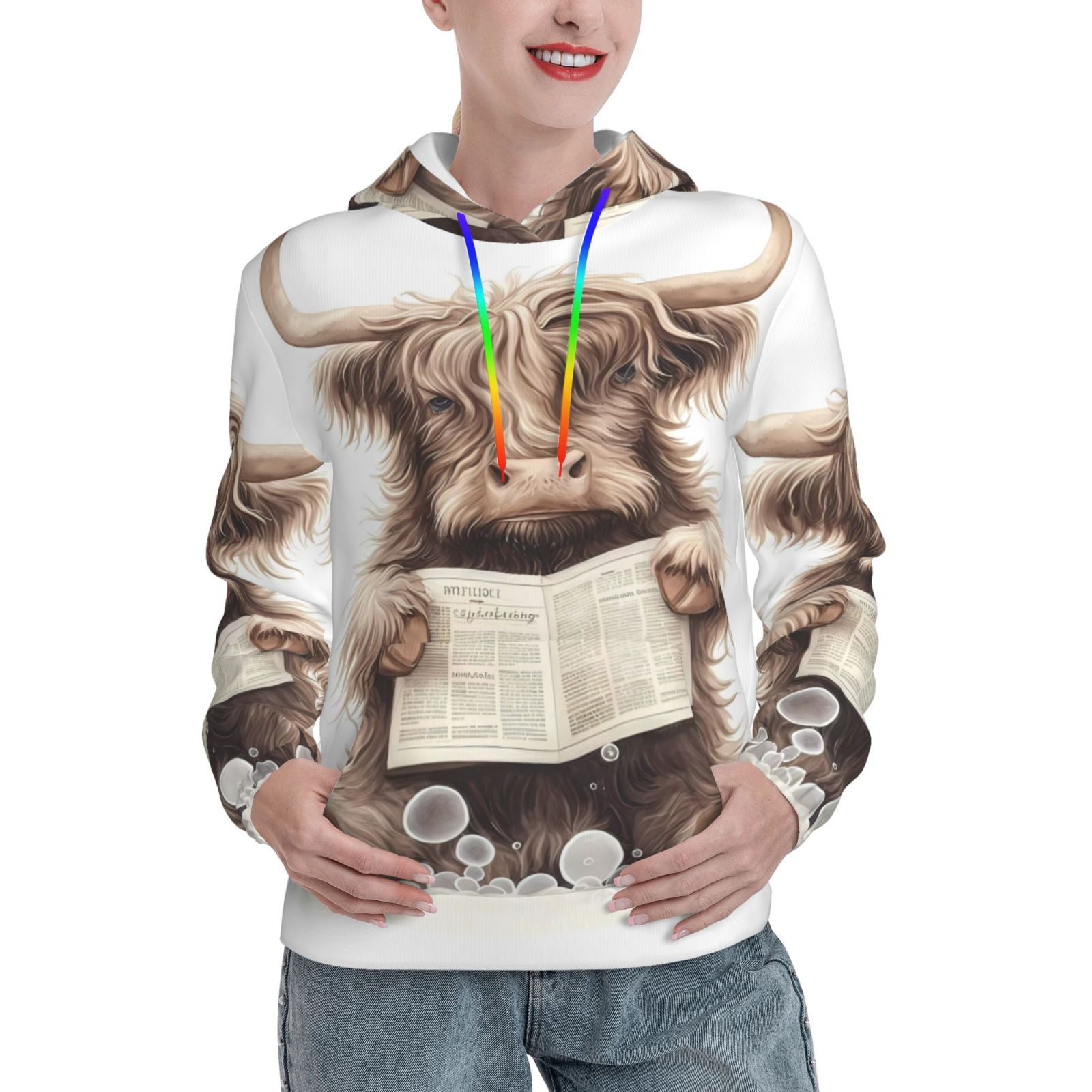 Easygdp Relaxed Cute Cow Reading Womens Casual Hoodies Sweatshirts Long Sleeve Pullover Fall ...