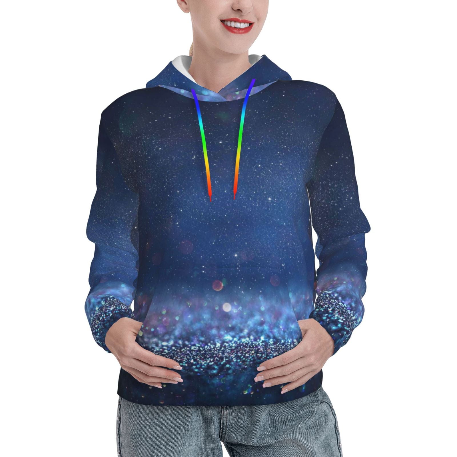 Easygdp Retro Blue Glitter Womens Casual Hoodies Sweatshirts Long Sleeve Pullover Fall Pullover ...