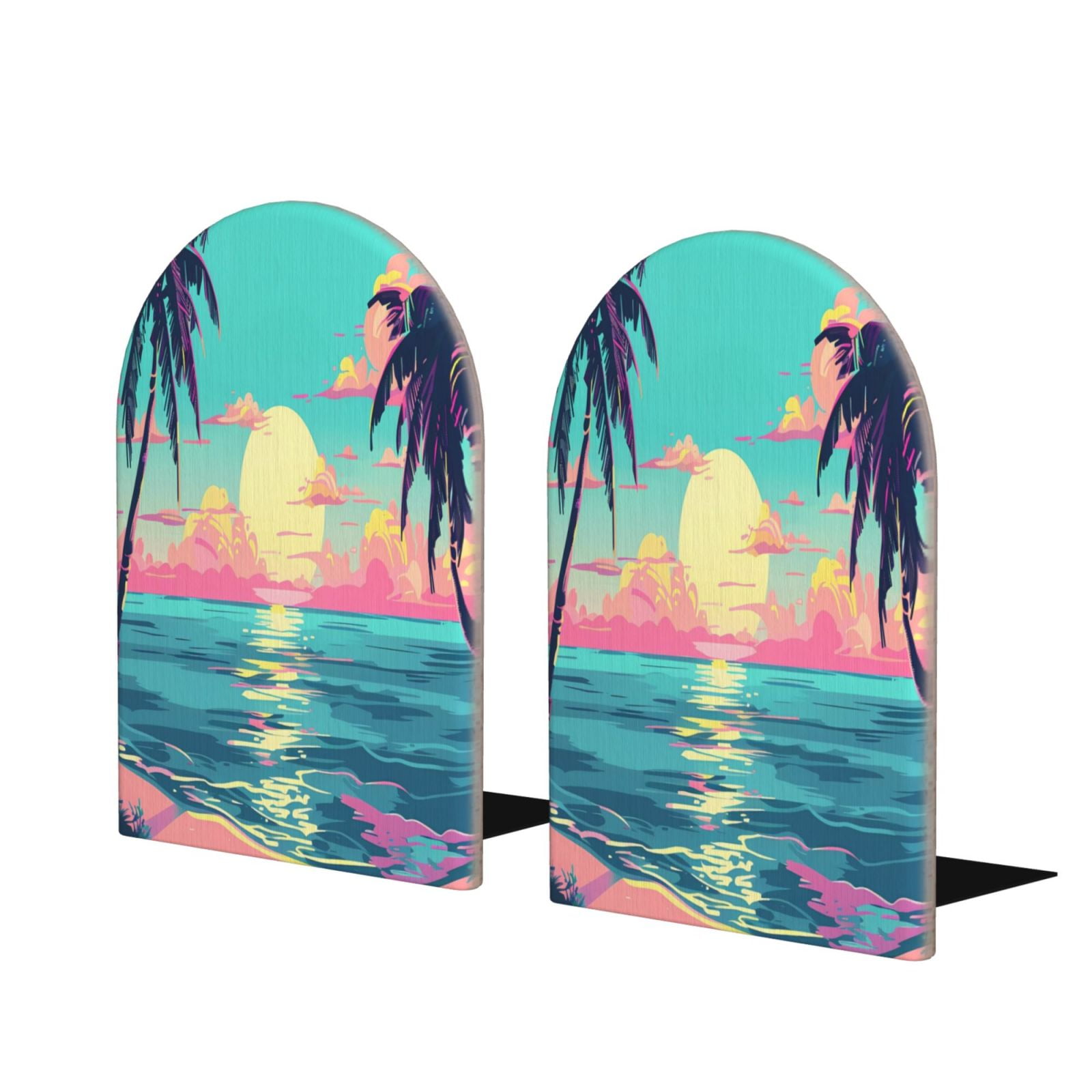 Easygdp Retro Palm Beach Sunset 2 Pcs Bookend Large Capacity Office ...