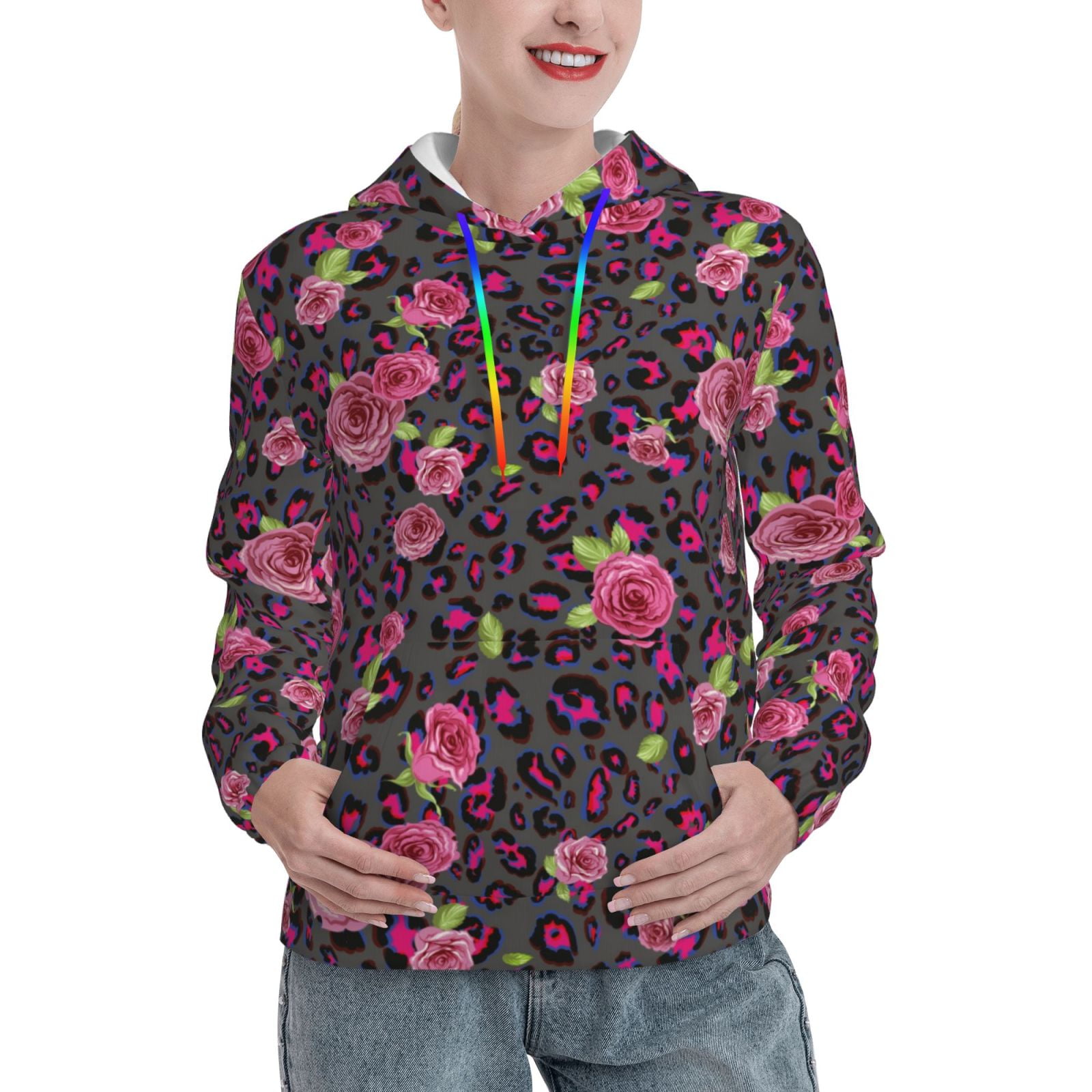 Easygdp Rose Mix Leopard 2 Womens Casual Hoodies Sweatshirts Long Sleeve Pullover Fall Pullover ...