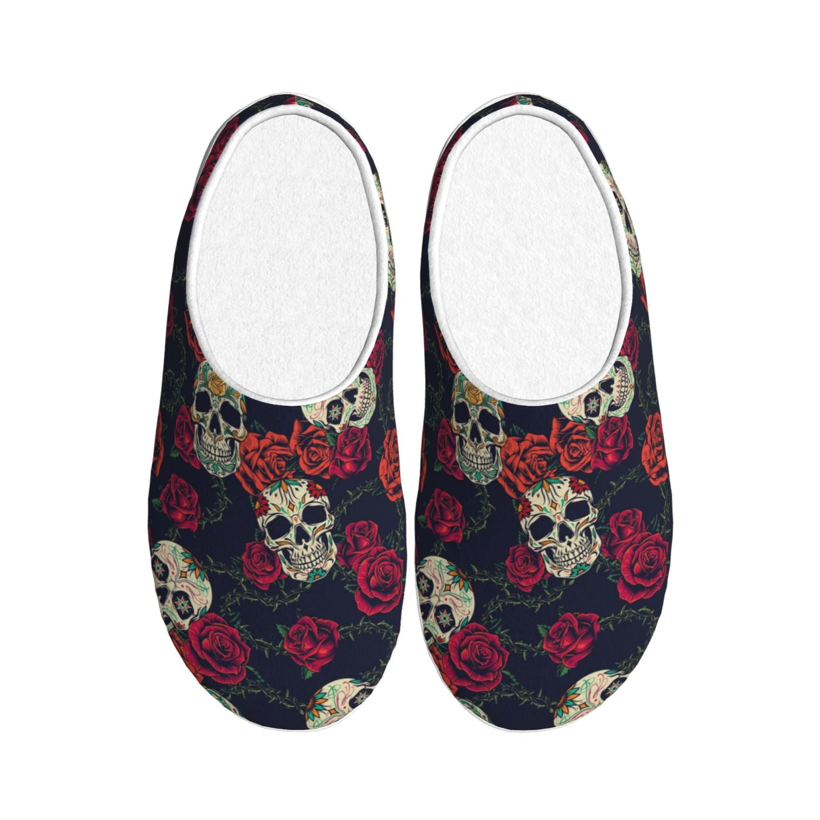 Easygdp Roses Skulls Slippers for Women Mens Winter Warm Home Slippers ...