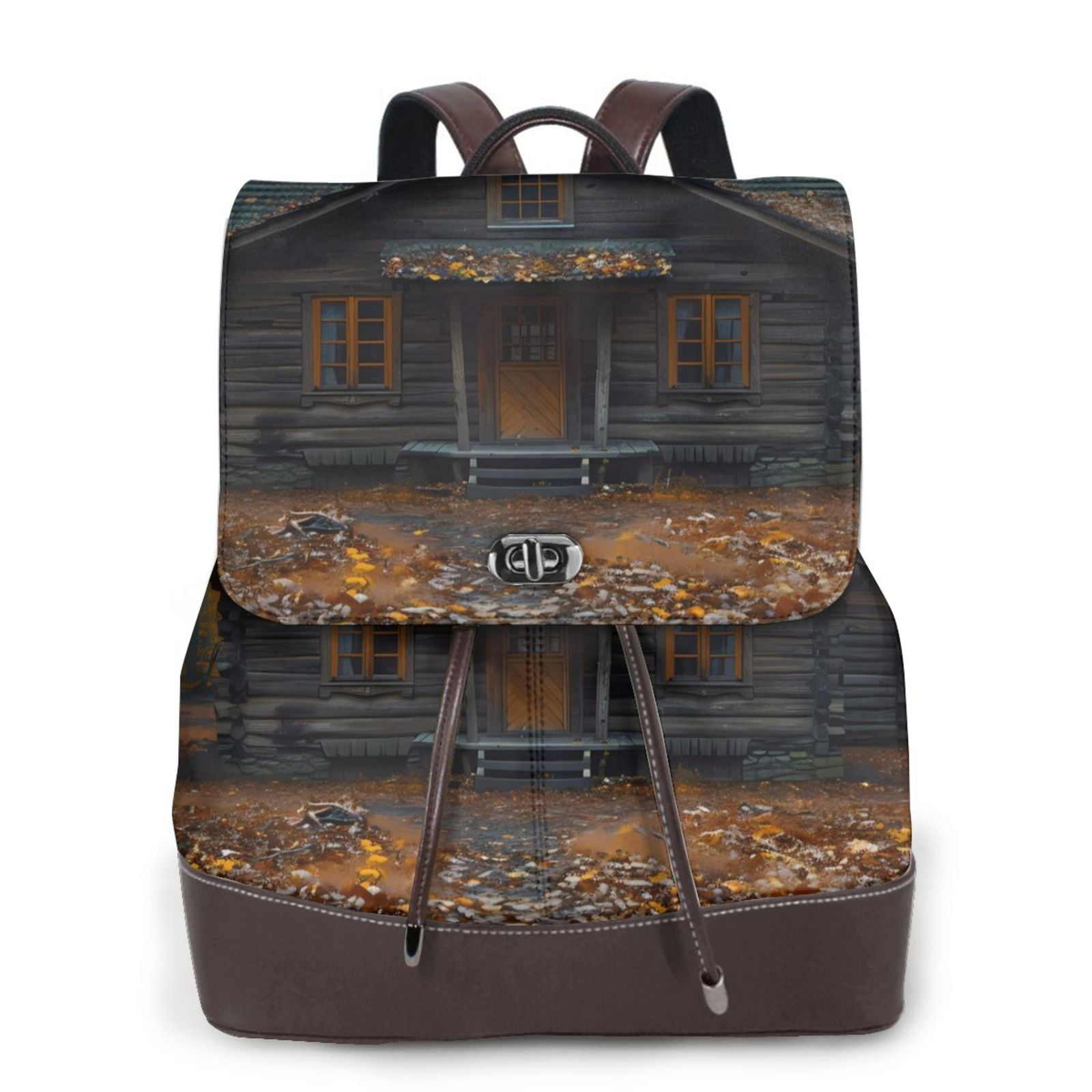 Easygdp Rustic Cabin Autumn Forest Leather Backpack Purse Ladies ...