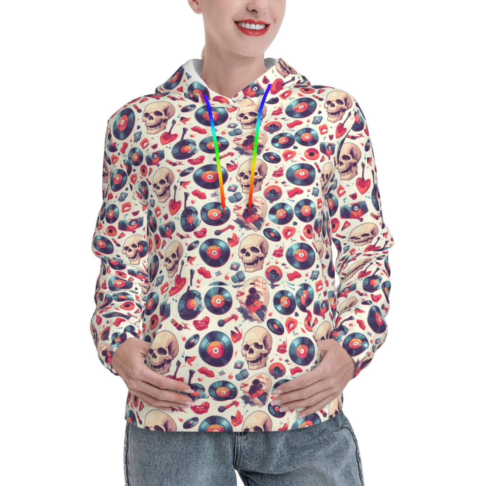 Easygdp Skull Guitar record lips Womens Casual Hoodies Sweatshirts Long Sleeve Pullover Fall ...