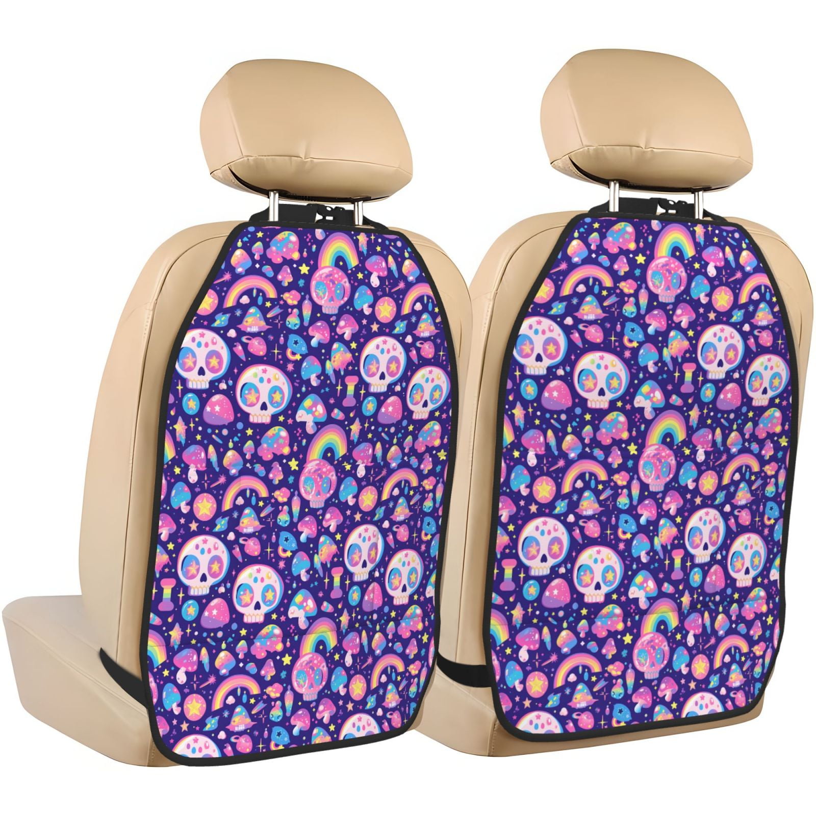 Easygdp Skull mushroom rainbow Car Kick Mat Seat Cover 2 Pcs Anti-Kick ...