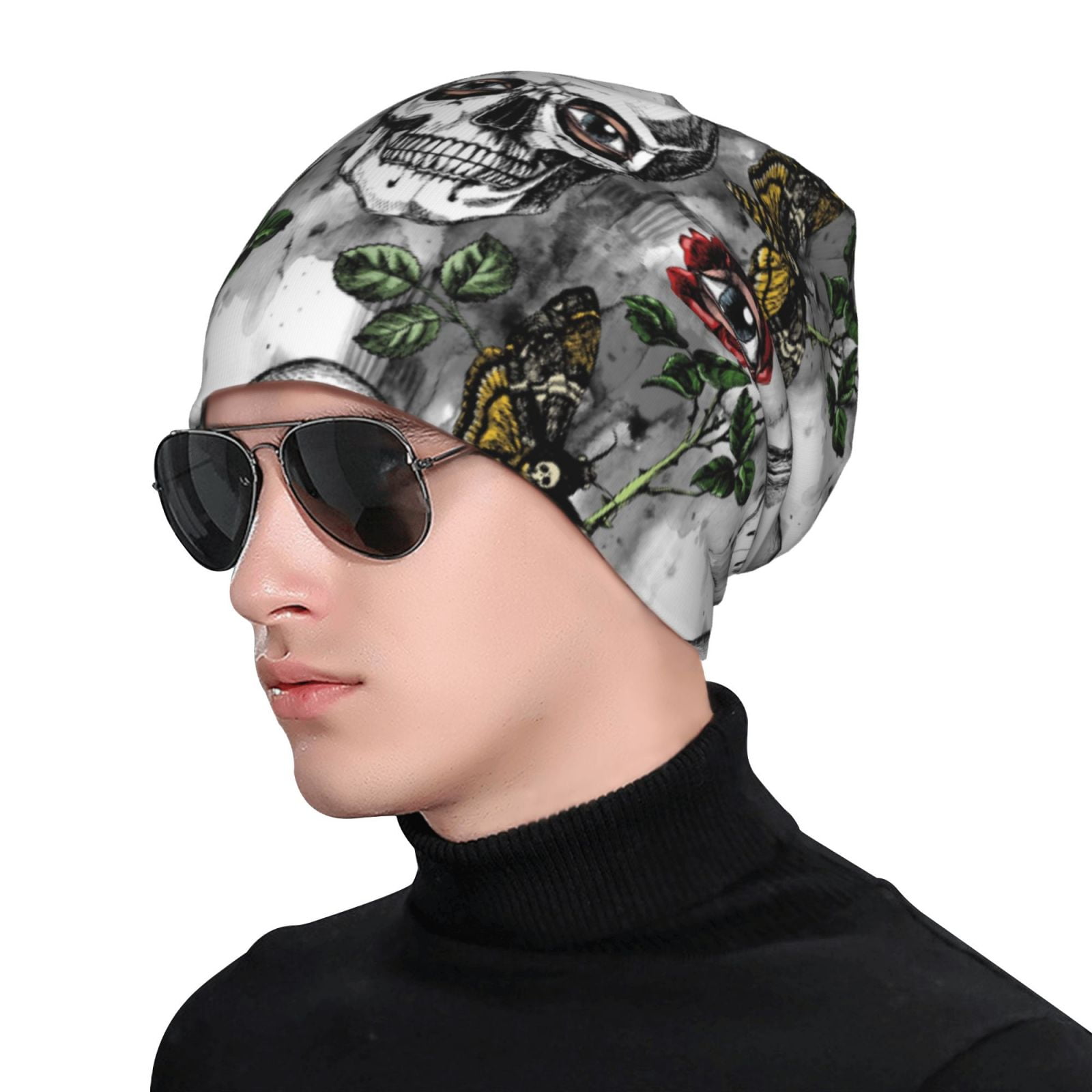 Easygdp Skulls Roses Knit Beanie, Soft Beanie Hat, Daily Beanie in Fine ...