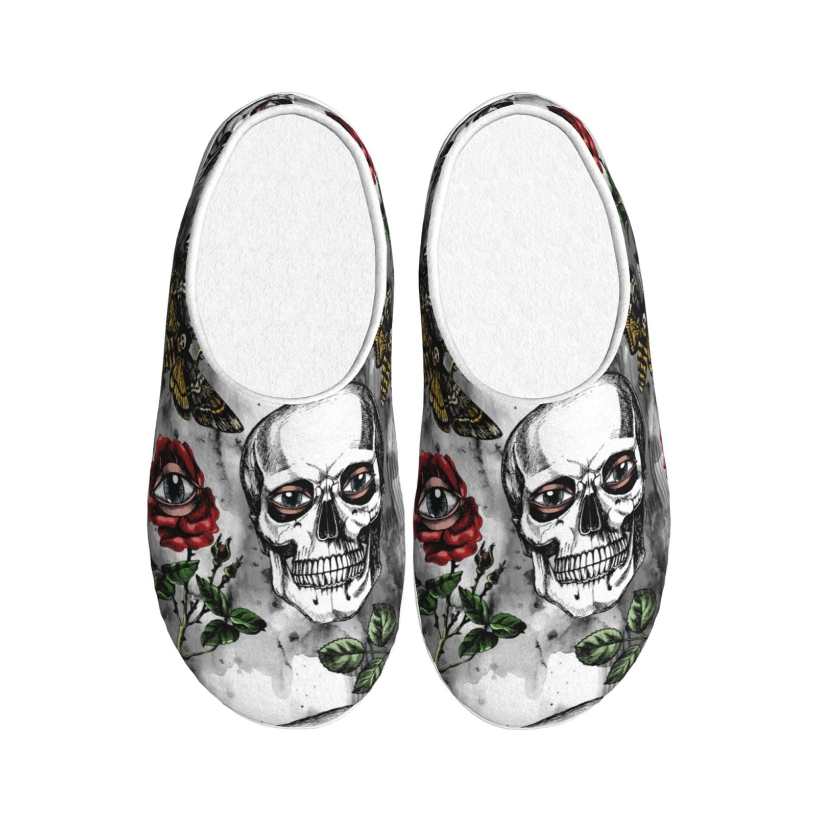 Easygdp Skulls Roses Slippers for Women Mens Winter Warm Home Slippers ...