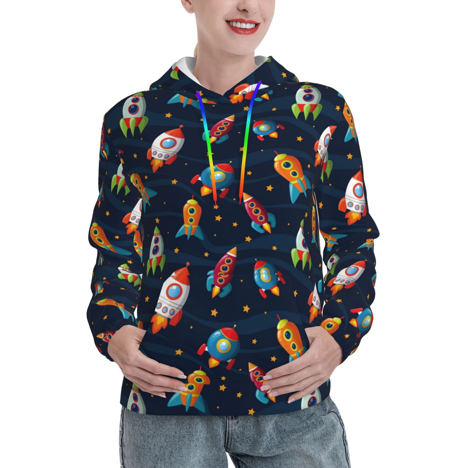 Easygdp Spaceships and Stars Womens Casual Hoodies Sweatshirts Long Sleeve Pullover Fall ...