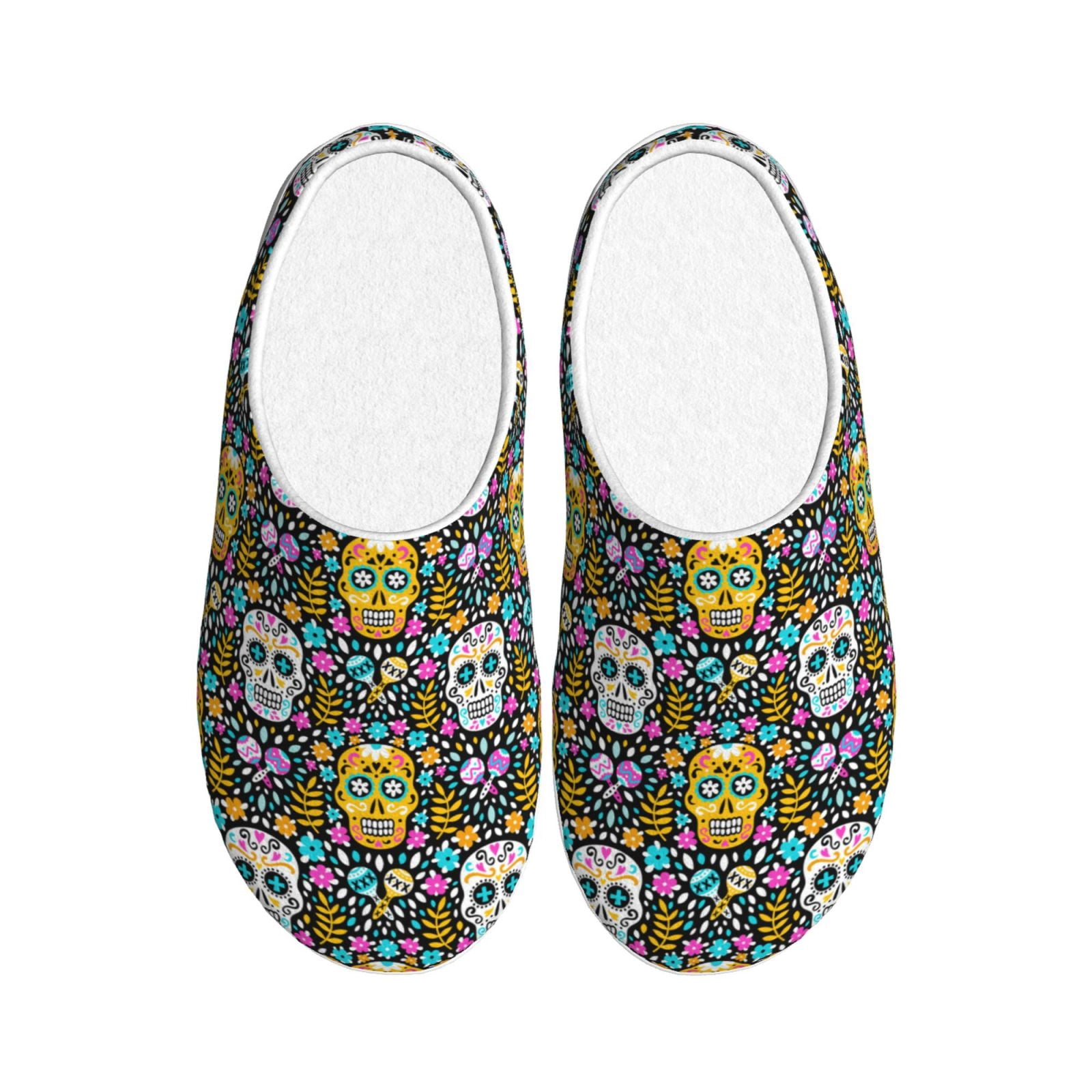 Easygdp Sugar Skulls Slippers for Women Mens Winter Warm Home Slippers ...