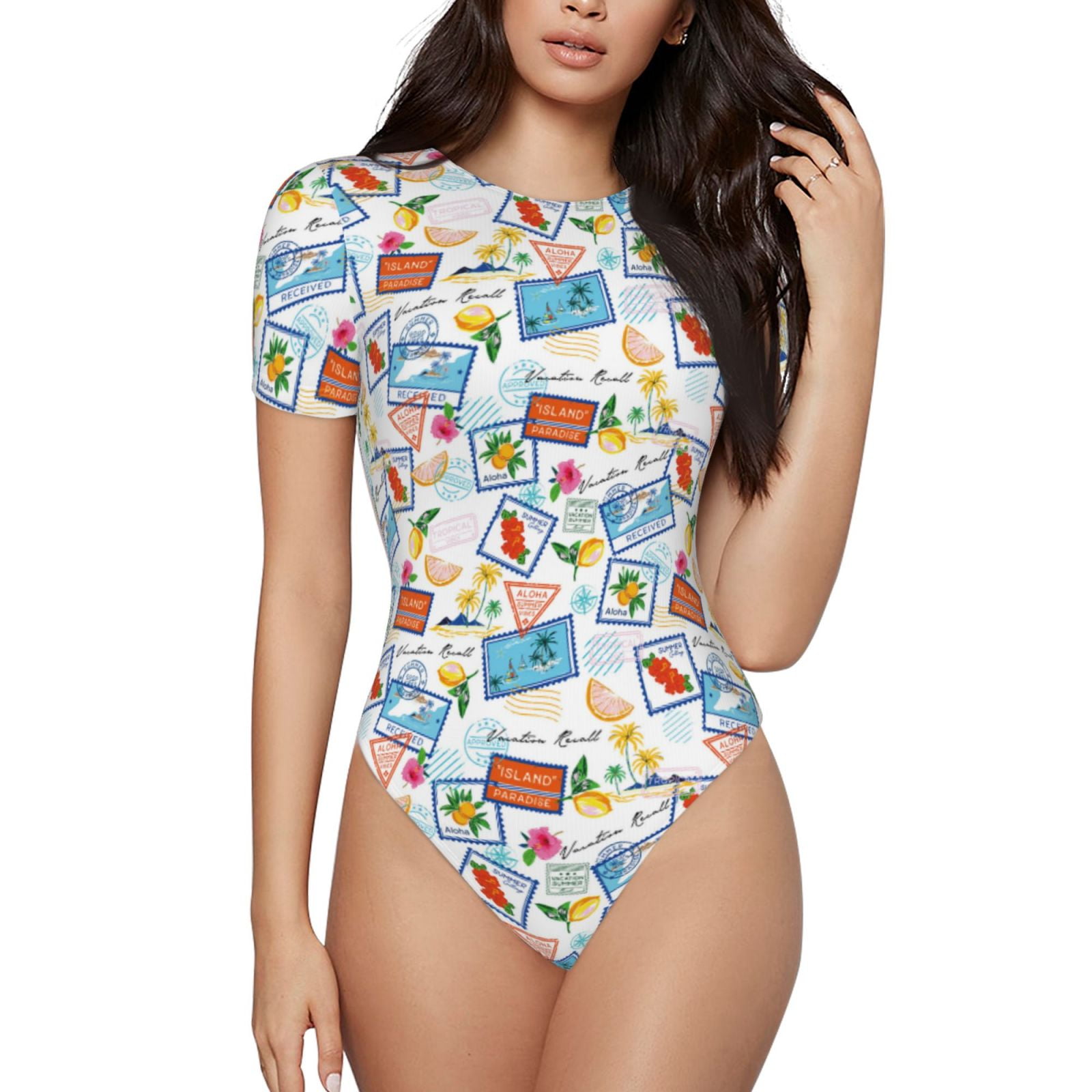 Easygdp Summer Stamp Women's One-Piece Swimsuit Slim Fit Crew Neck Bodysuit Athletic Swimwear ...