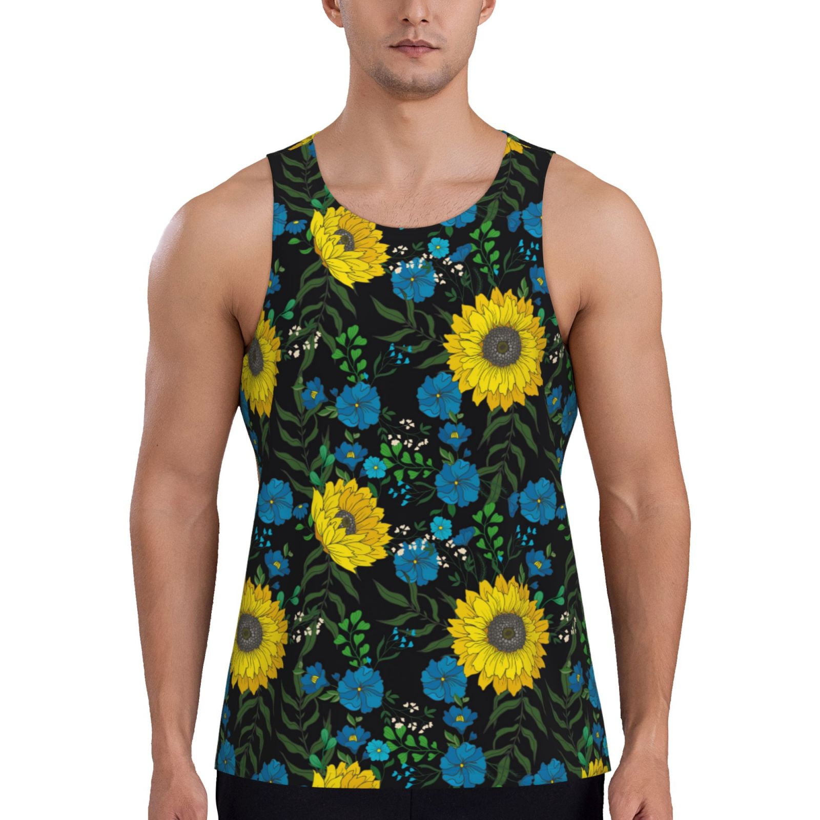 Easygdp Sunflowers And Blue Flower Men's Tank Top, Sleeveless Muscle T ...