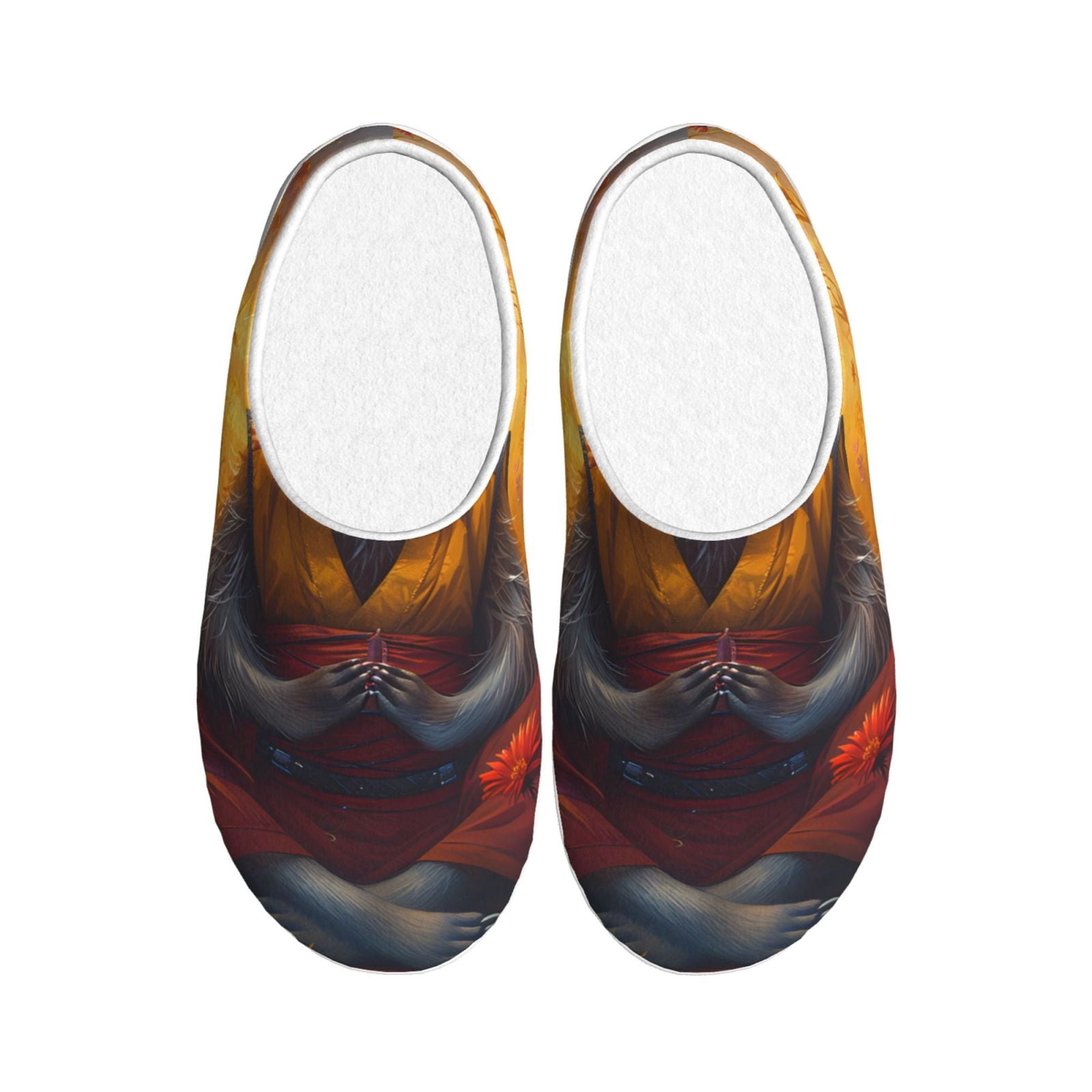 Easygdp Sunset Flower Meditating Raccoon Slippers for Women Mens Winter ...