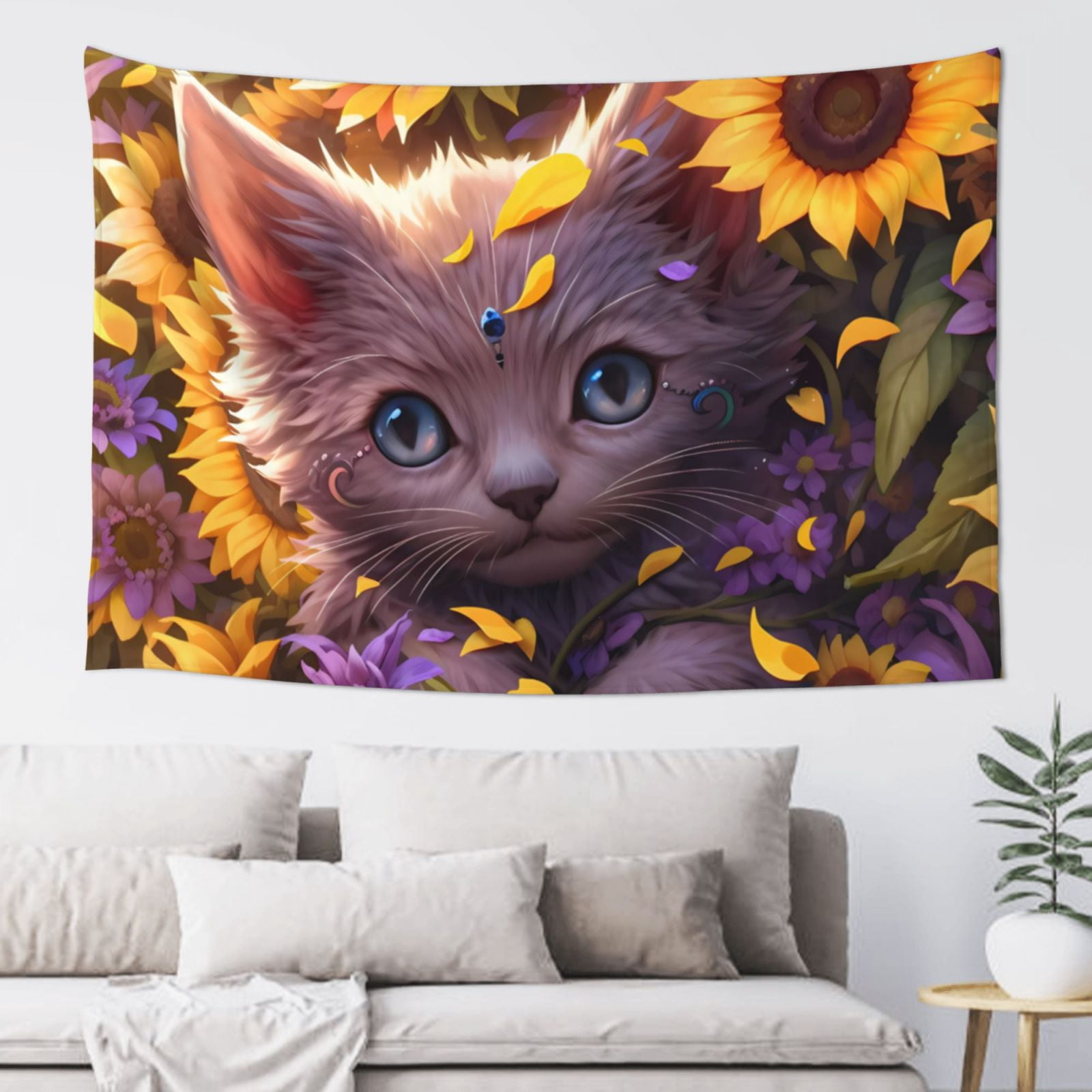 Easygdp Sunshine Cute Cat Sunflower Tapestry Wall Hanging, Wall ...