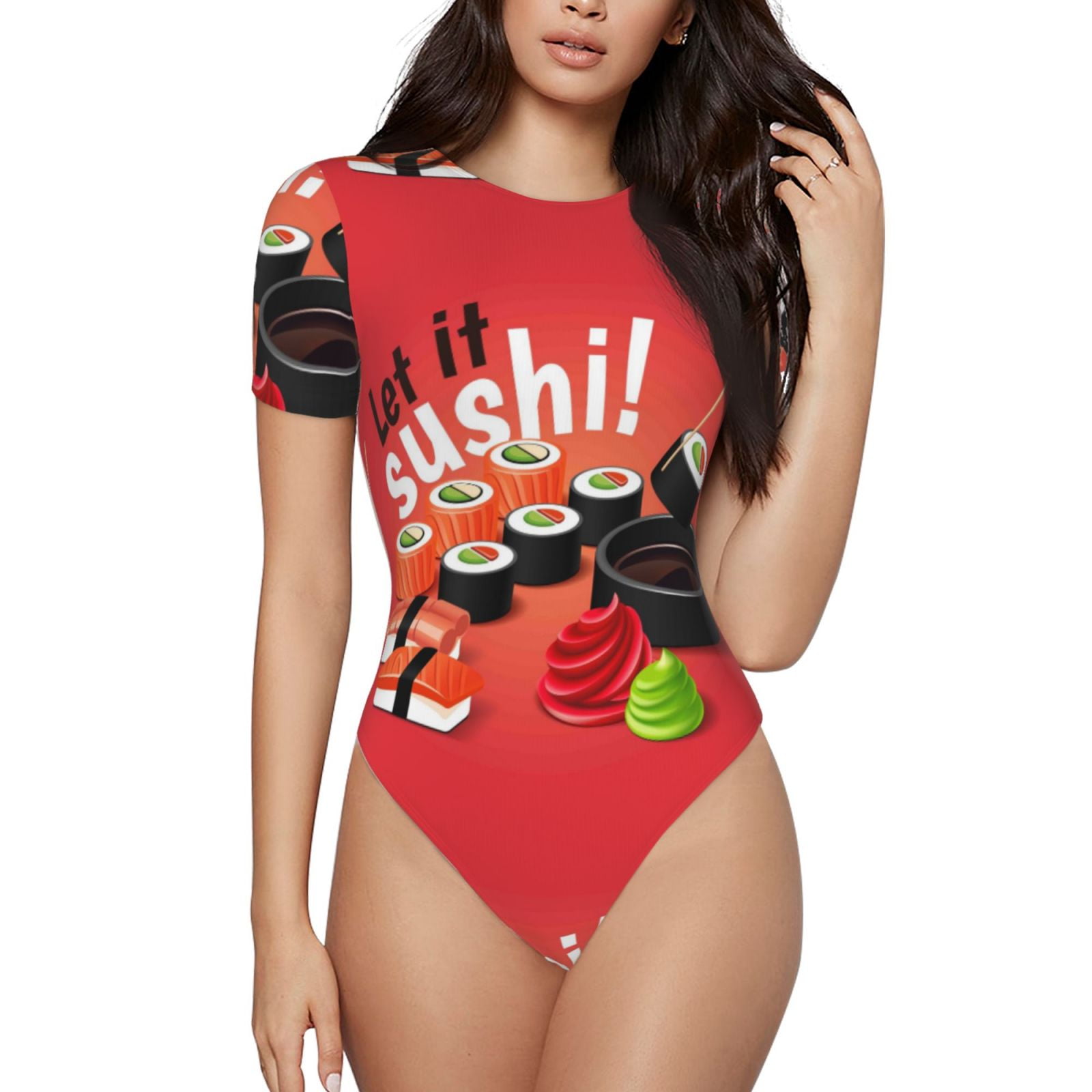 Easygdp Sushi Women's One-Piece Swimsuit Slim Fit Crew Neck Bodysuit Athletic Swimwear with ...