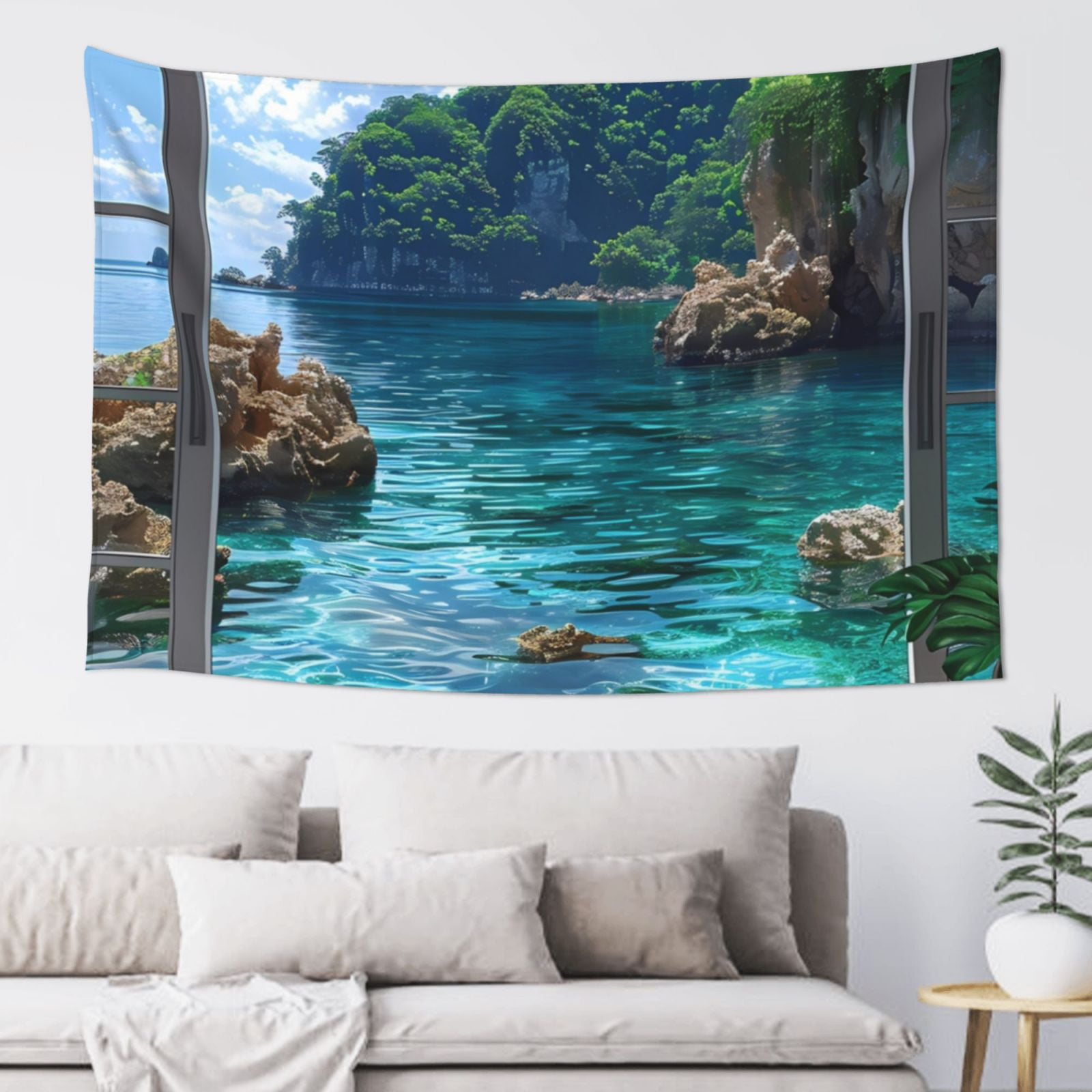 Easygdp Tropical Paradise Window View Tapestry Wall Hanging, Wall ...