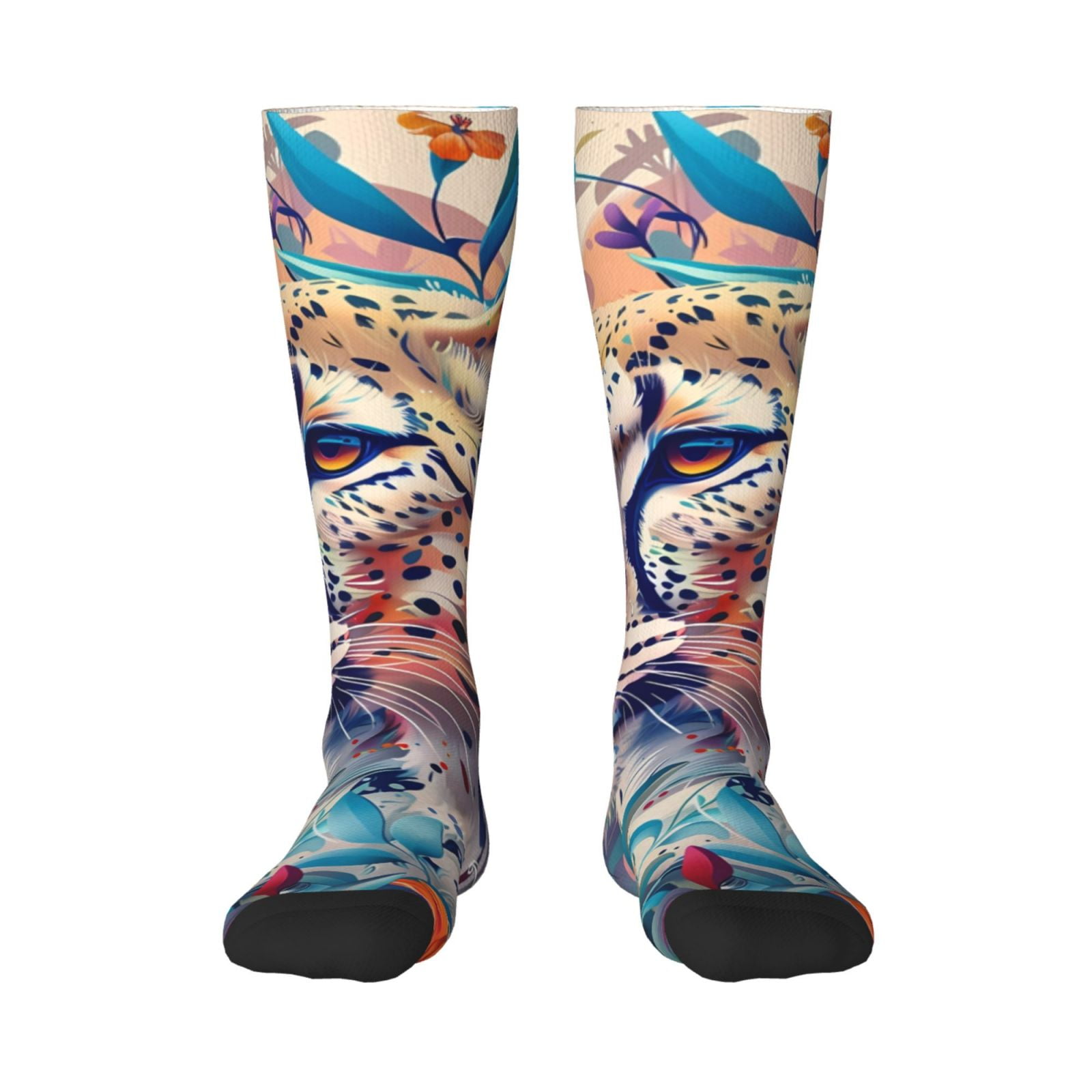 Easygdp Vibrant Leopard In Flowers Prints Sport Knee High Socks Soccer ...